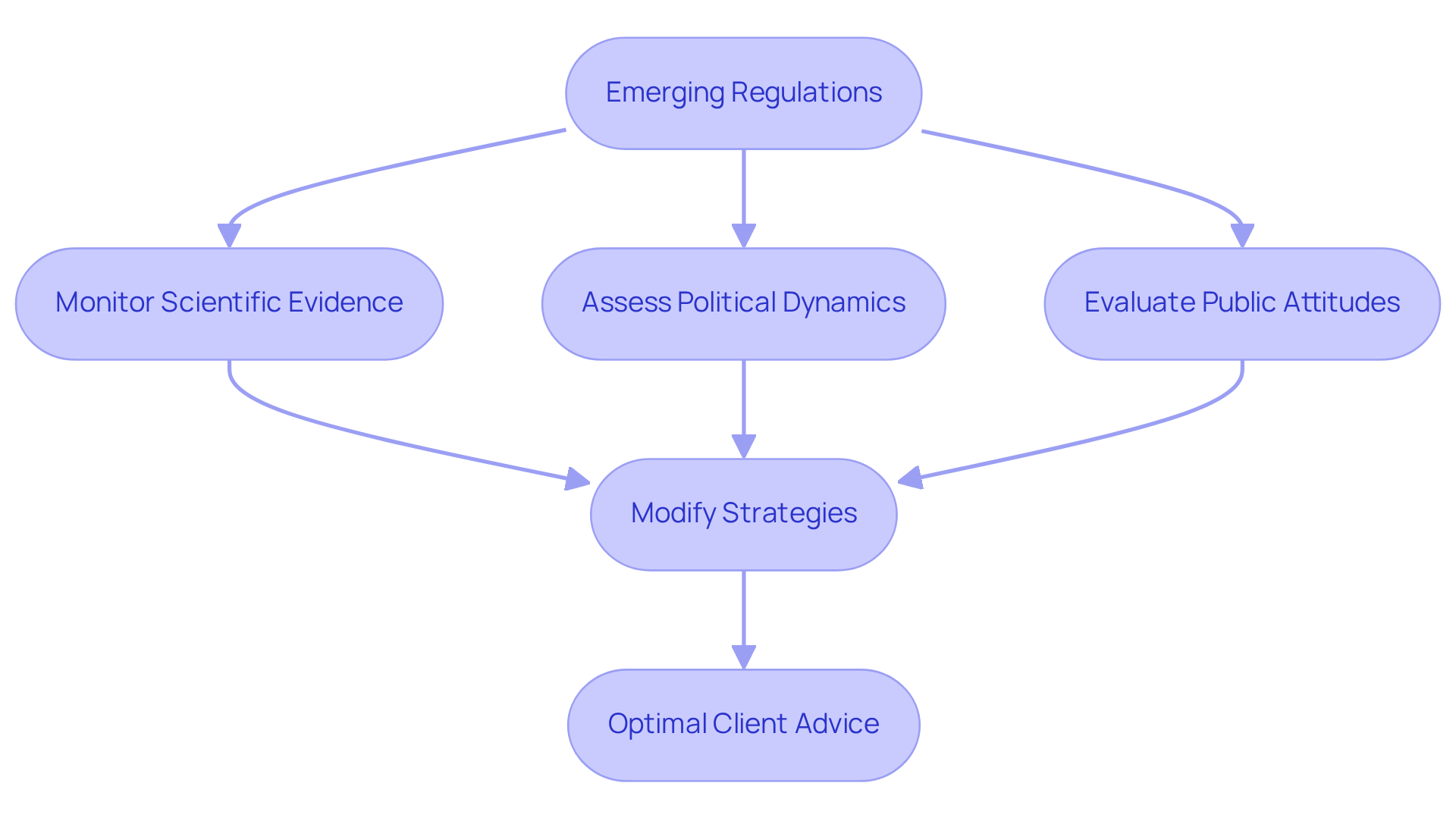 This flowchart shows how legal professionals can adapt to new environmental regulations. Start with emerging regulations, then follow the arrows to see how they monitor evidence, assess dynamics, and modify strategies to provide the best advice to clients.