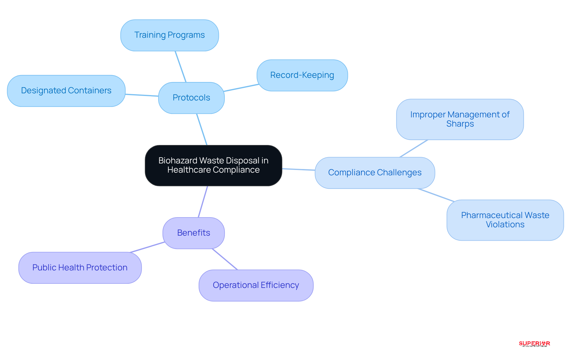 The central node represents the main topic, while the branches show related areas of focus. Each sub-branch provides specific details about protocols, challenges, and benefits, helping you understand the comprehensive role of biohazard waste disposal in healthcare.
