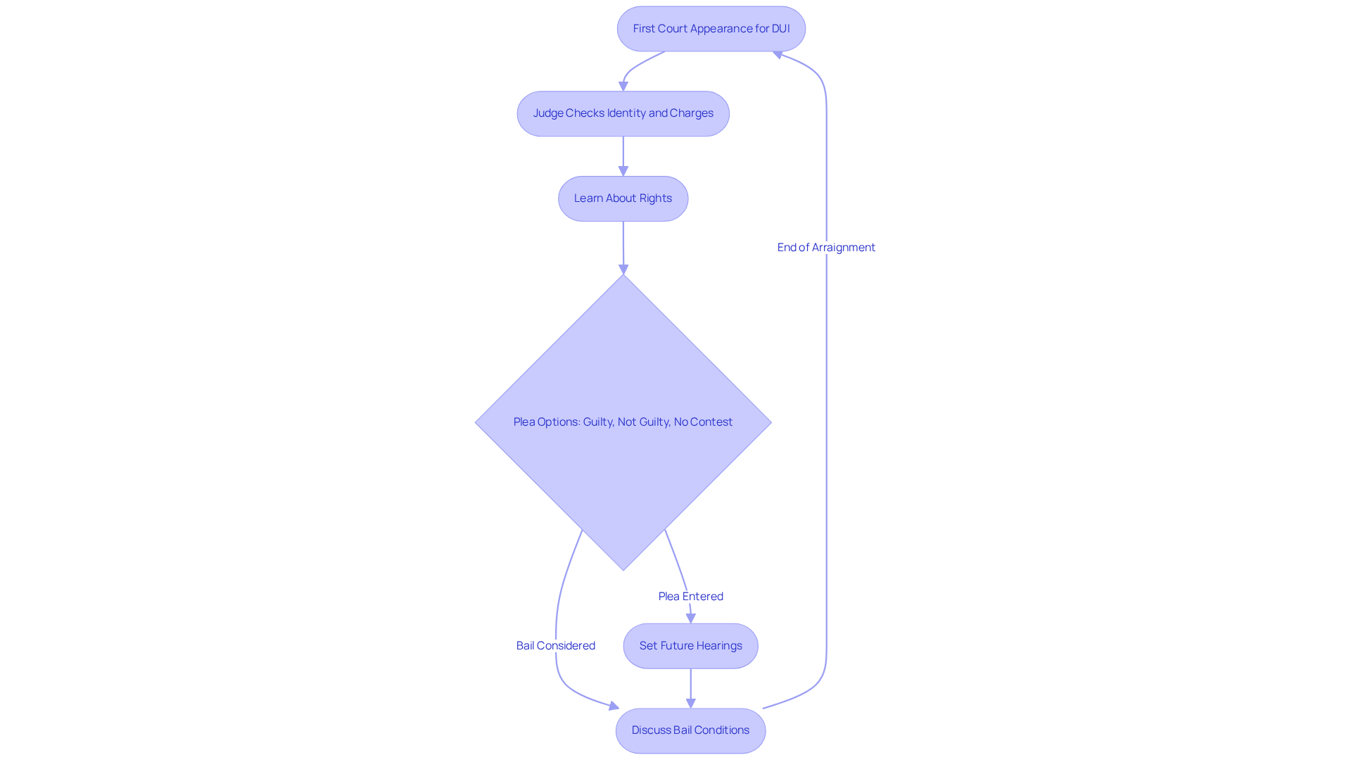 This flowchart outlines the steps you will go through during your first court appearance for a DUI charge. Follow the arrows to see what happens at each stage, from the judge checking your identity to discussing your plea options. This flowchart outlines the steps you will go through during your first court appearance for a DUI charge. Follow the arrows to see what happens at each stage, from the judge checking your identity to discussing your plea options.