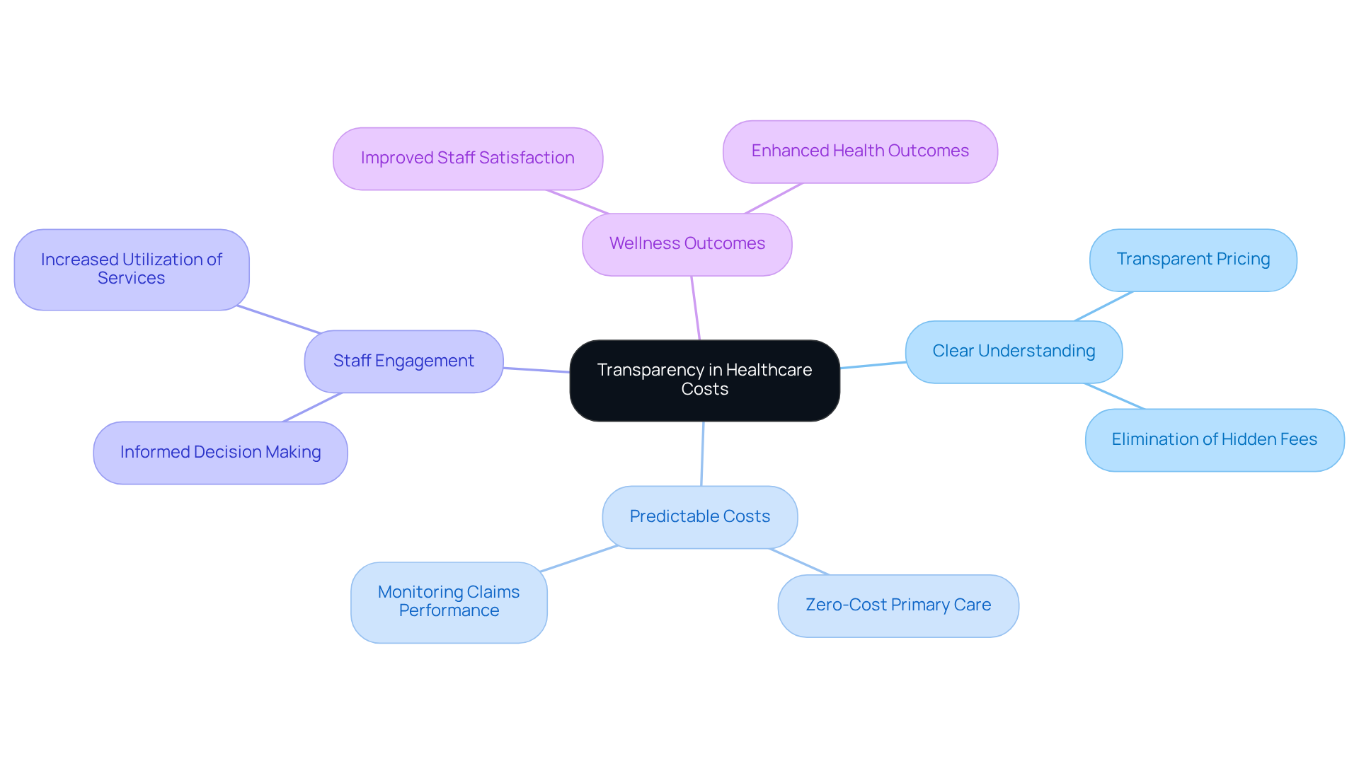 The central idea is transparency in healthcare costs. Each branch represents a key theme, with further details branching out to explain how these concepts connect and impact daycare operations and staff wellbeing.