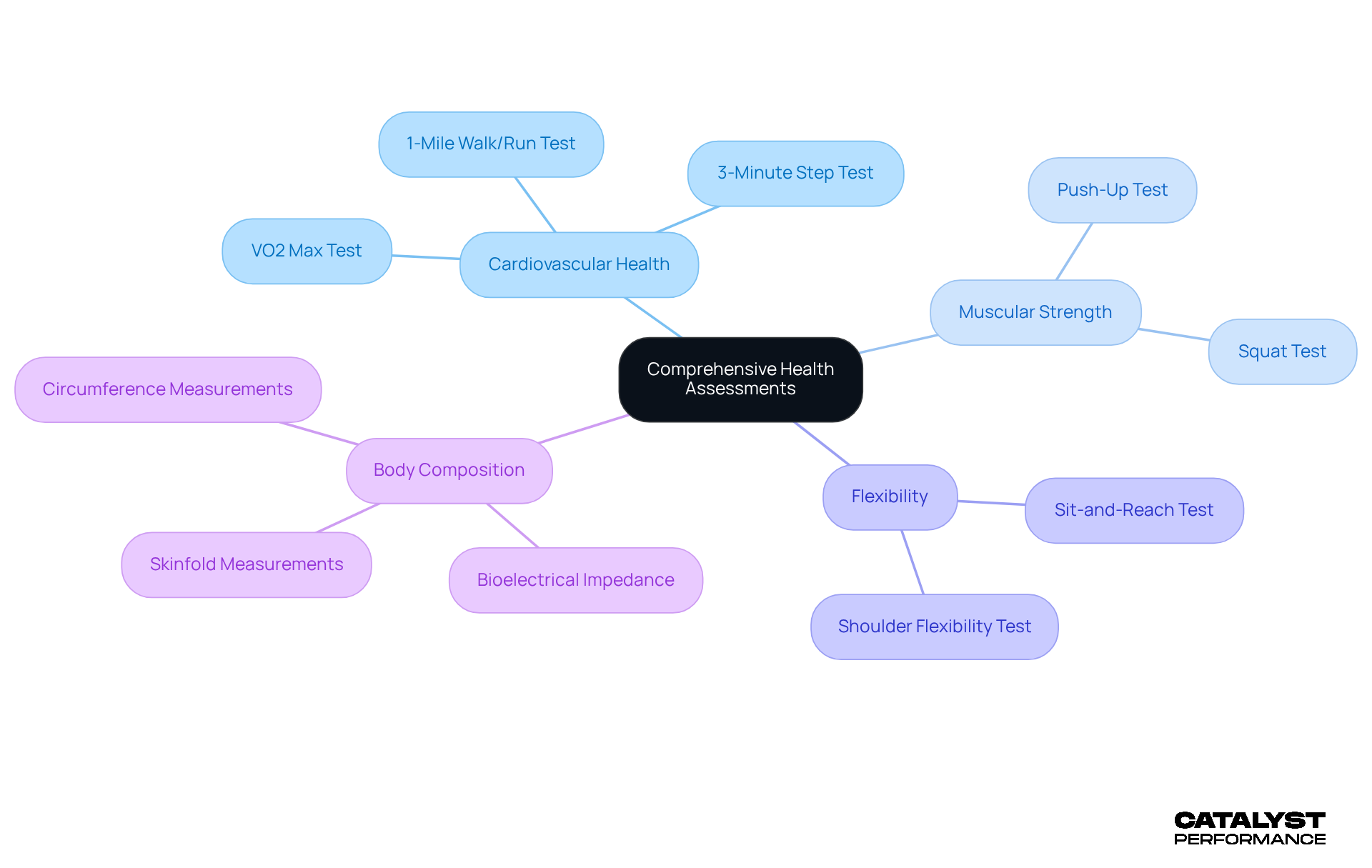 The center represents the overall health assessments, with branches showing key areas of focus. Each sub-branch details specific tests or evaluations that contribute to understanding and improving health. The center represents the overall health assessments, with branches showing key areas of focus. Each sub-branch details specific tests or evaluations that contribute to understanding and improving health.