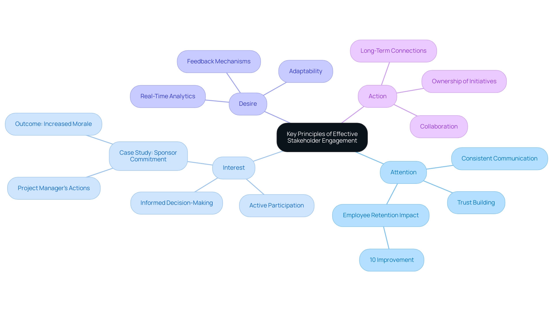 Each branch represents a fundamental principle of stakeholder engagement, with sub-branches detailing specific aspects and examples related to each principle.