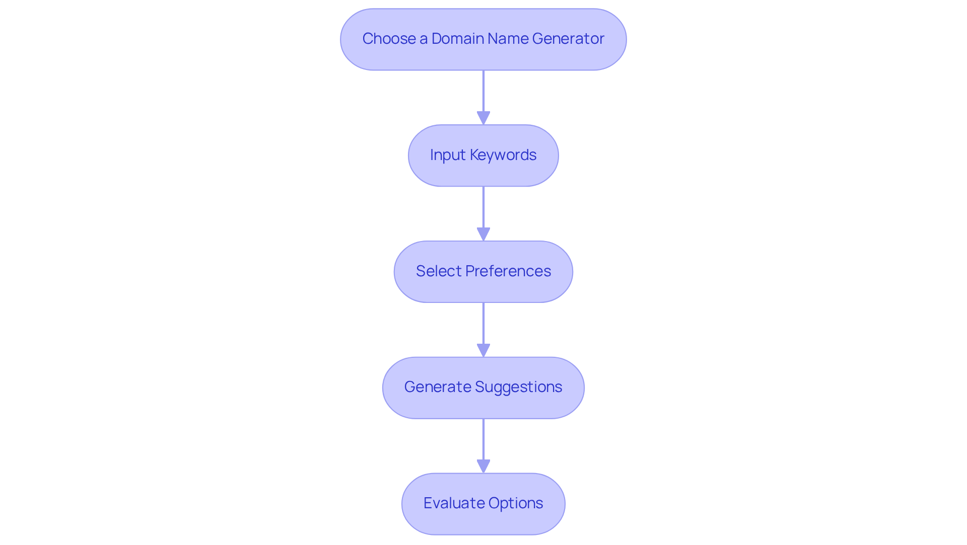 Each box represents a step in the process of generating domain names. Follow the arrows to see how to move from one step to the next, starting from choosing a generator to evaluating your options.