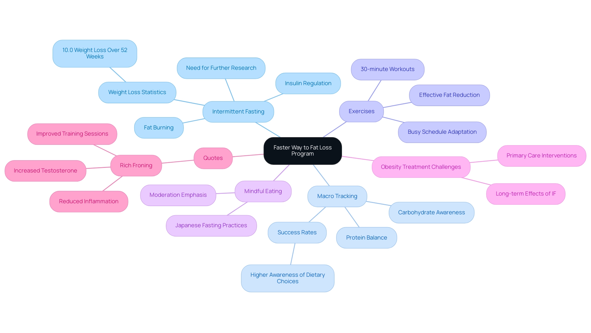 The central node represents the program, with branches showing key components such as Intermittent Fasting, Macro Tracking, and Exercises, each with subcategories detailing their specific attributes.