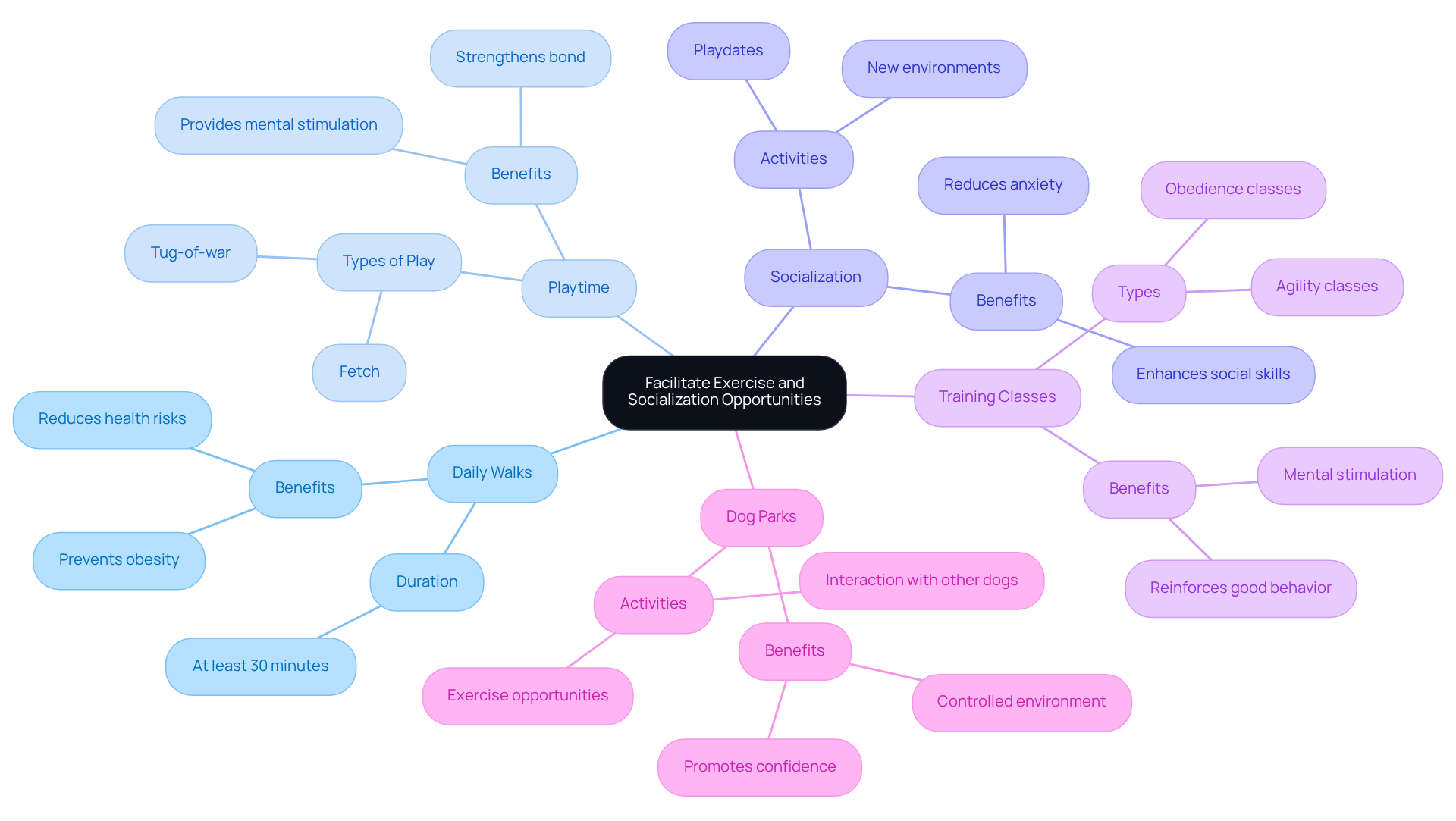 The center node represents the main goal of keeping your dog active and social. Each branch represents a specific activity that contributes to this goal. Explore the sub-branches to learn about the benefits and details of each activity.