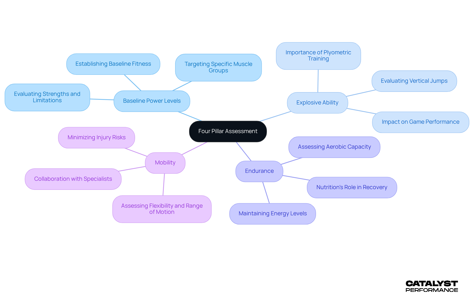 The central node represents the Four Pillar Assessment, while each branch shows a key area of focus in personalized training. Follow the branches to see how each area contributes to an athlete's development.