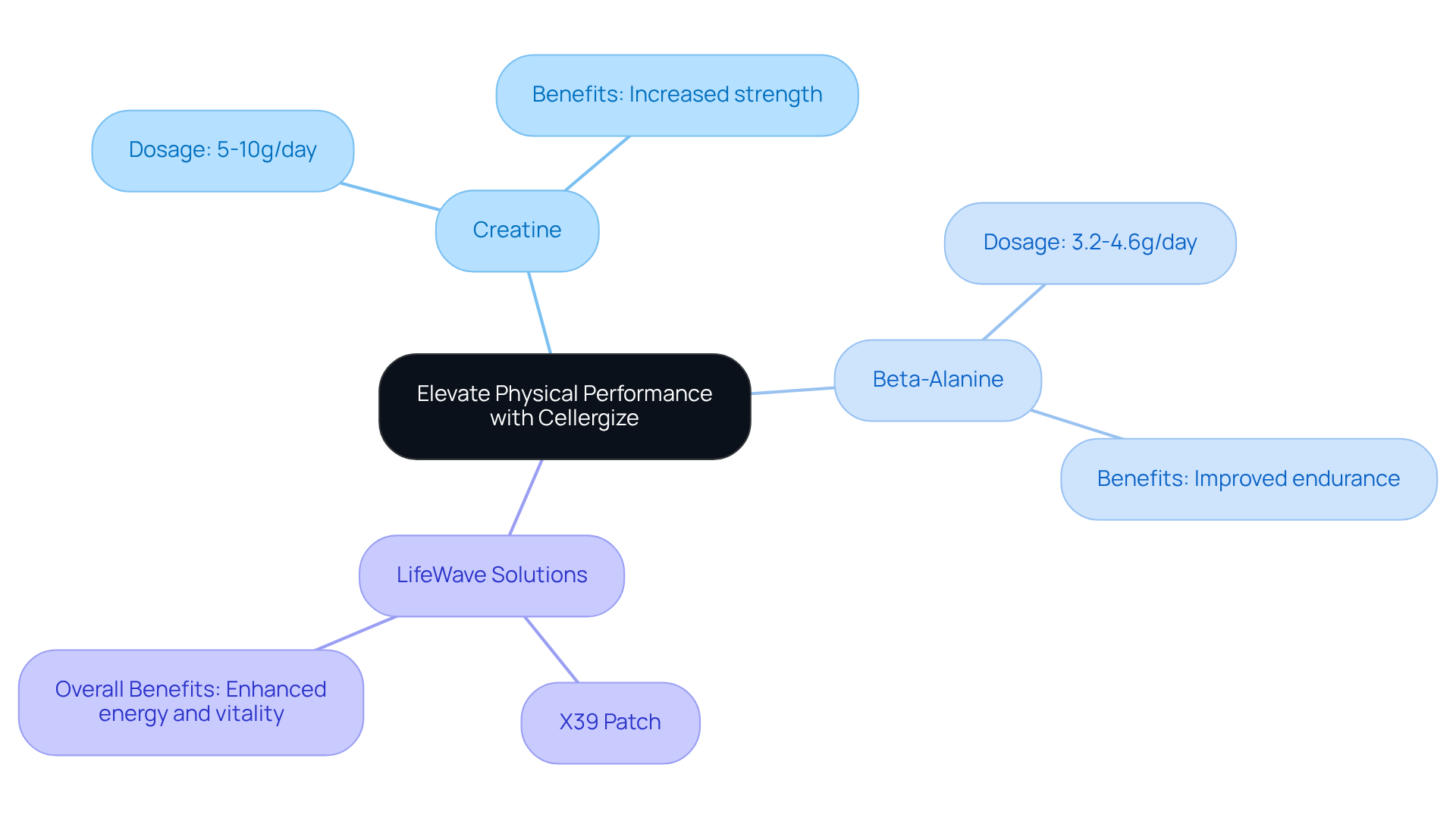 This mindmap shows how different supplements and solutions contribute to improving physical performance. Start at the center with the main idea, then follow the branches to see how each supplement works and its benefits for older adults.