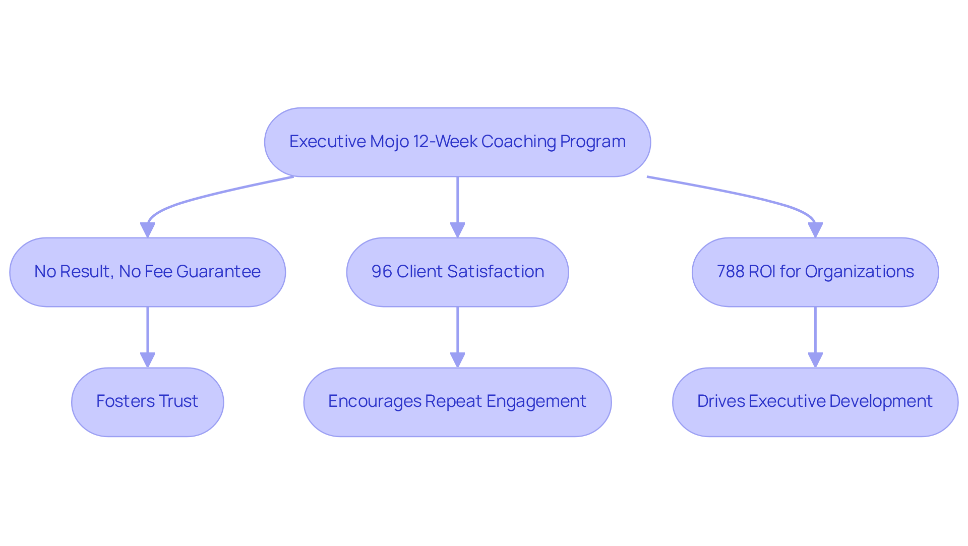 Follow the boxes to see how Executive Mojo's coaching structure works — starting from the program itself, moving through the guarantee and client satisfaction, and finally to the organizational benefits.