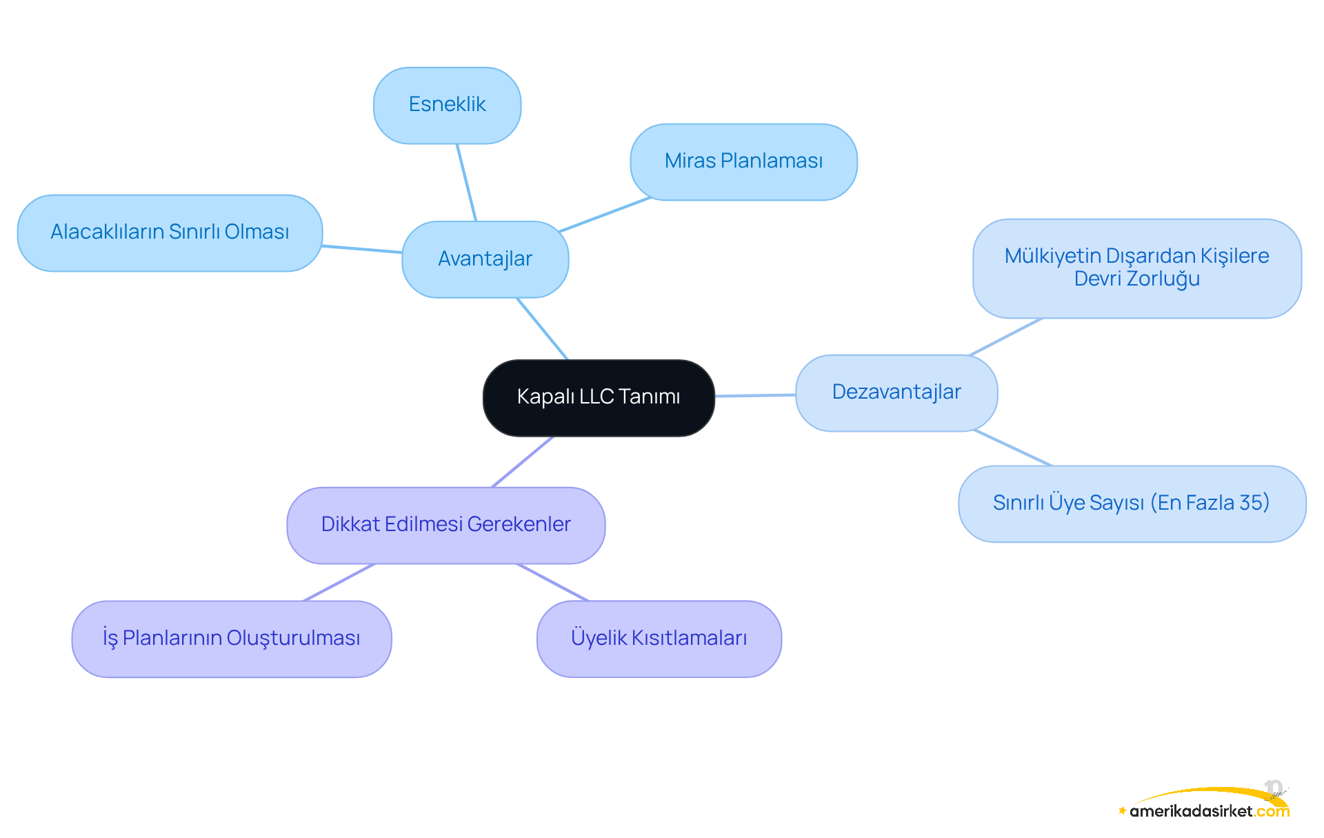 'Kapalı' LLC'lerin ana özelliklerini ve avantajlarını keşfedin. Merkezdeki başlıktan başlayarak, avantajlar, dezavantajlar ve dikkat edilmesi gereken noktaları takip edin. Her dal, konunun farklı yönlerini temsil eder.