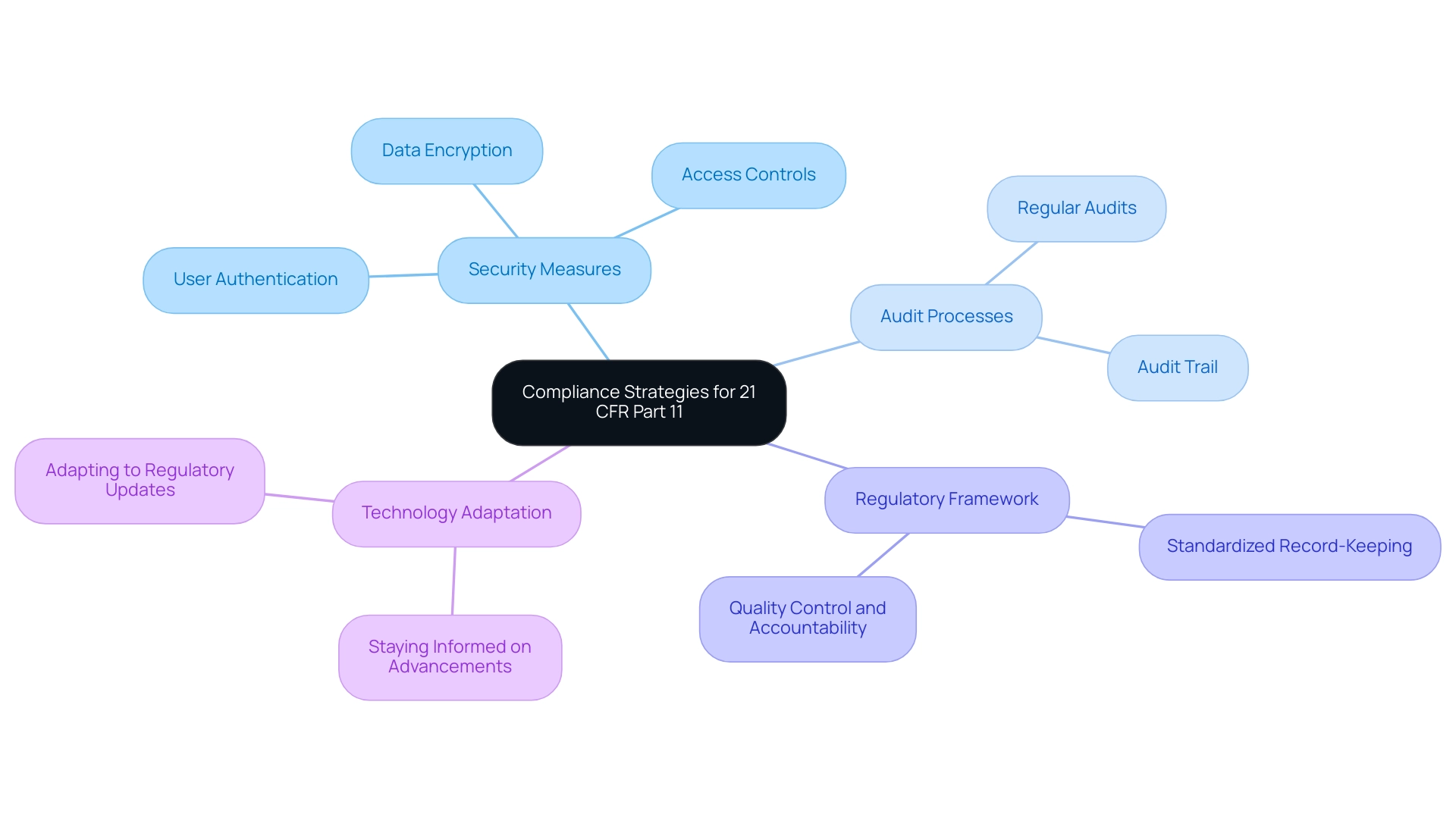 The central node represents the overall compliance strategies, with branches indicating key areas and their respective subcomponents.