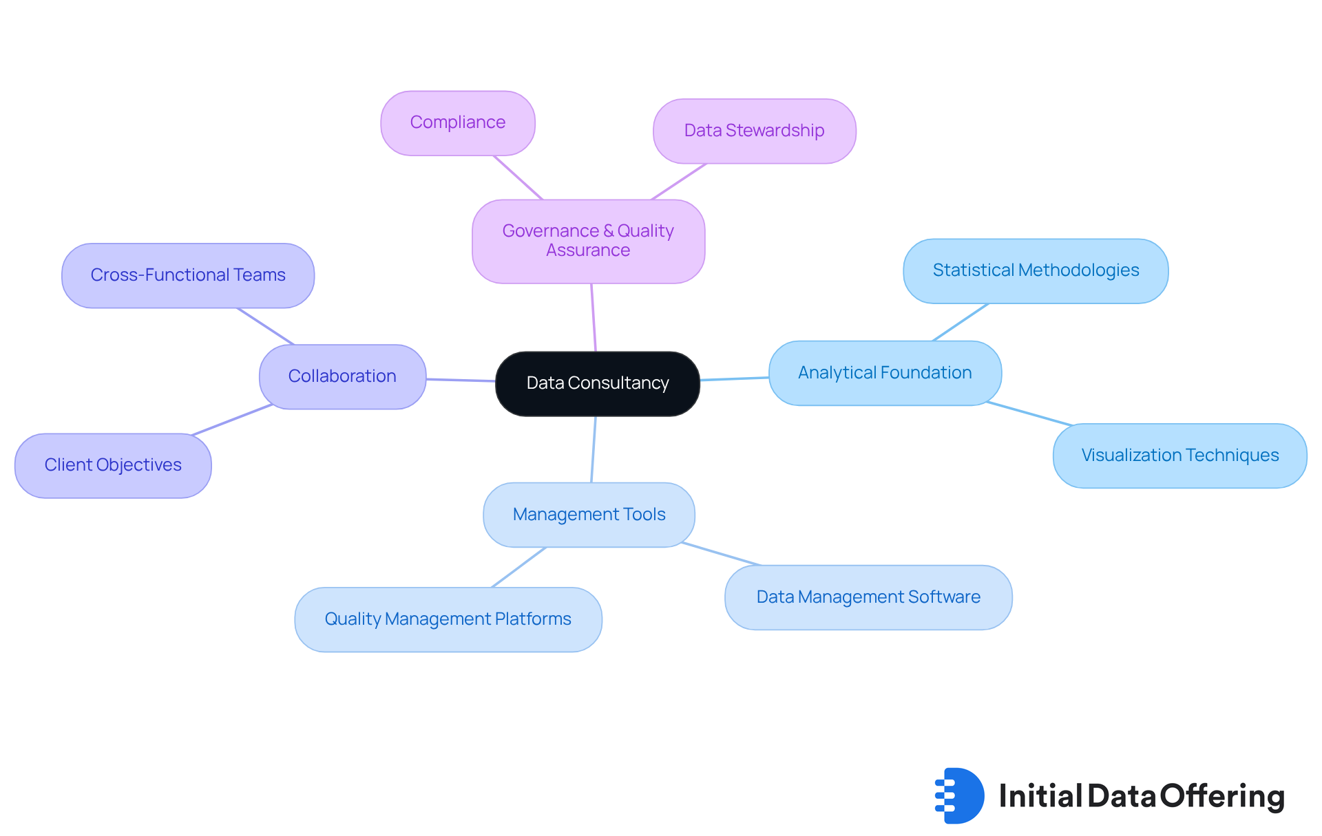 The center represents data consultancy, with branches showing its major characteristics. Each sub-branch highlights specific aspects that contribute to successful consultancy practices.