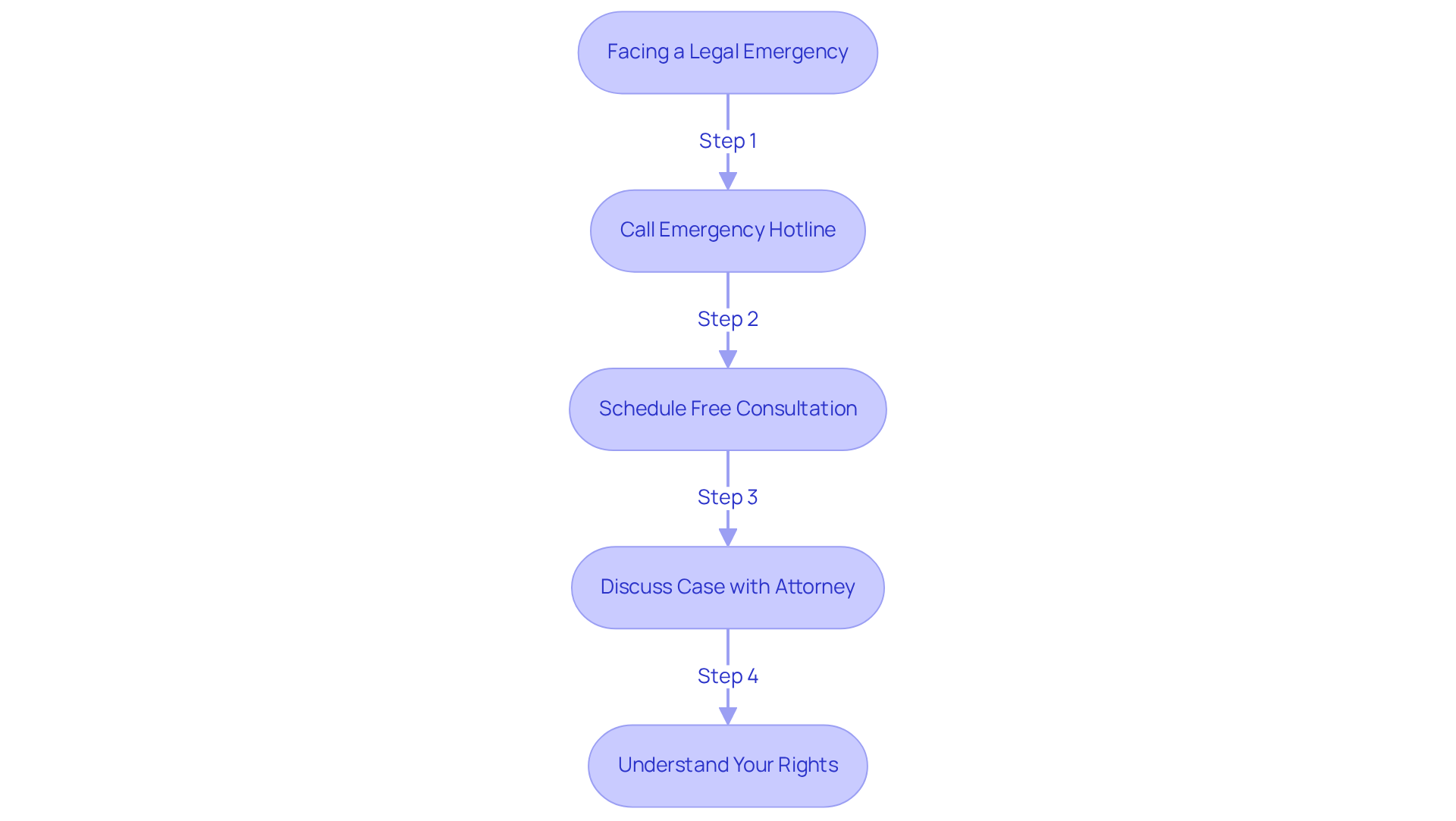 This flowchart guides you through what to do if you find yourself in a legal emergency. Follow the arrows to see each step, starting from reaching out for help to understanding your legal rights.