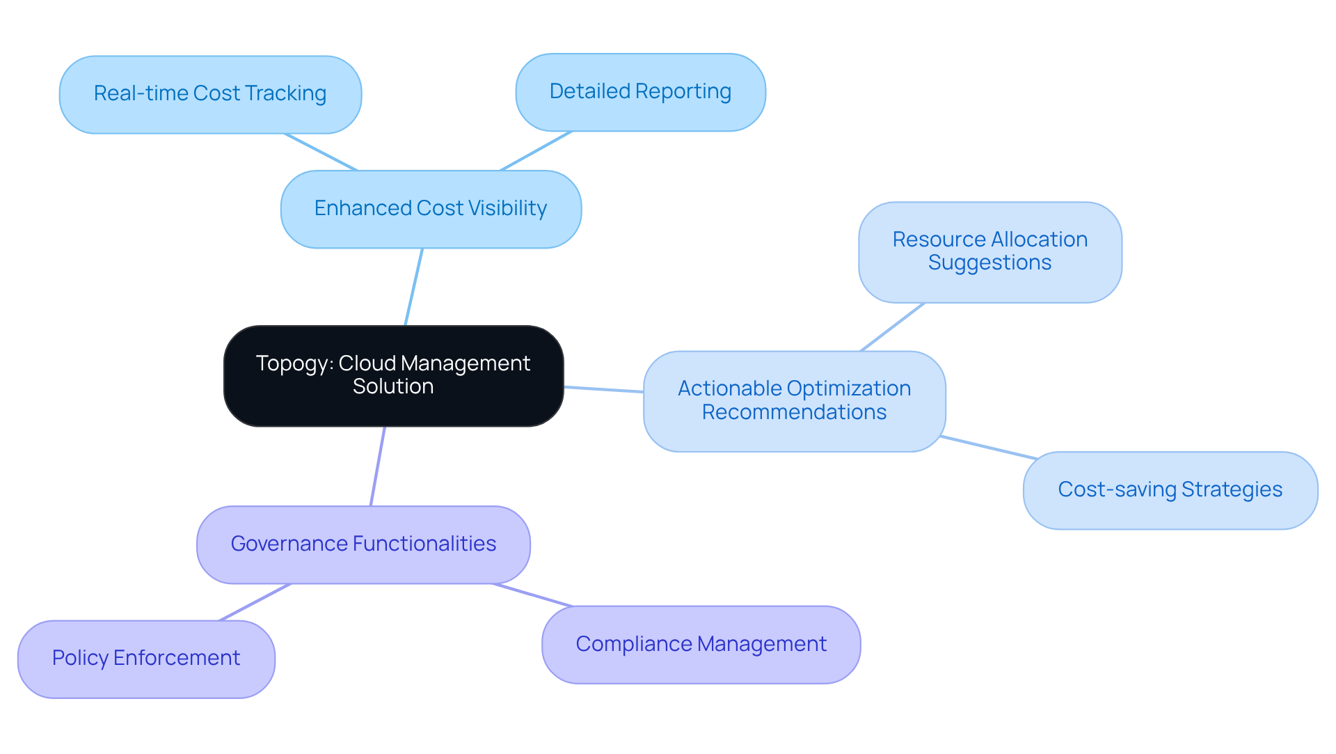 Start at the center with Topogy's solution, then explore each feature and how it helps organizations manage their cloud budgets and improve efficiency.