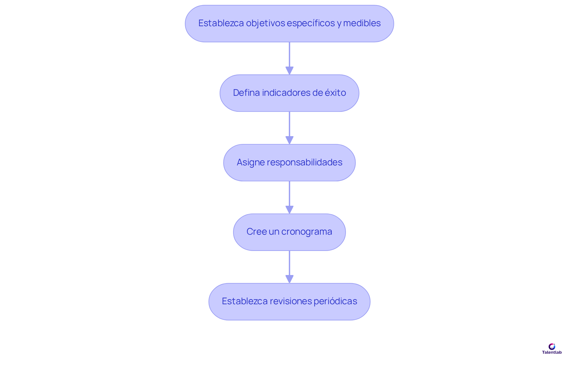 Cada cuadro representa un paso en el proceso de transformación del talento. Sigue las flechas para ver cómo cada paso se conecta con el siguiente, asegurando que el plan se ejecute de manera efectiva.