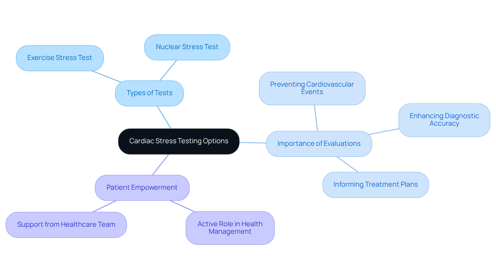 The central node represents the main topic of cardiac stress testing, while the branches show different aspects like types of tests and their importance. Follow the branches to explore how each part contributes to understanding heart health.