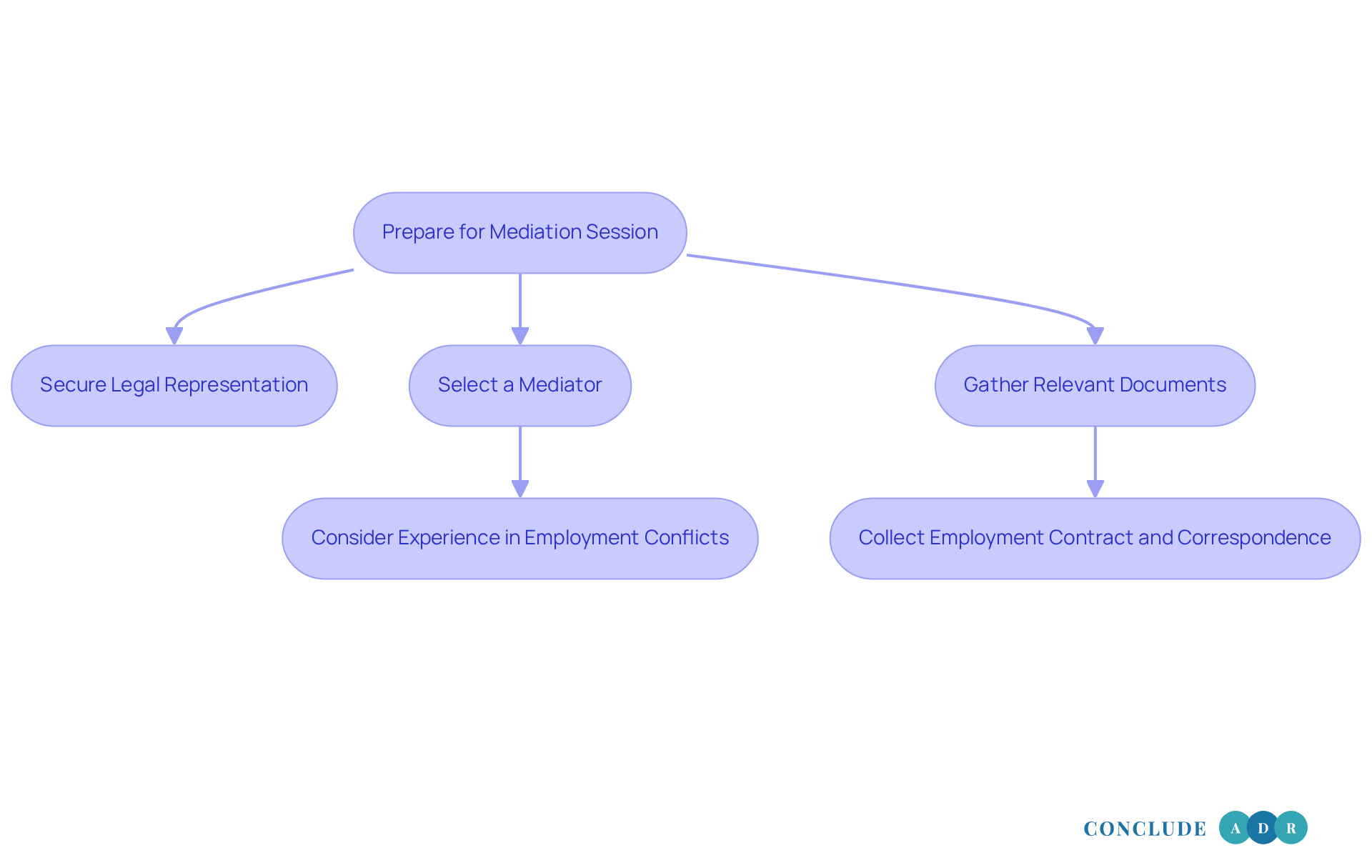 Follow the arrows to see the steps you need to take before your mediation session. Each box represents an important action, from getting a lawyer to gathering your documents.