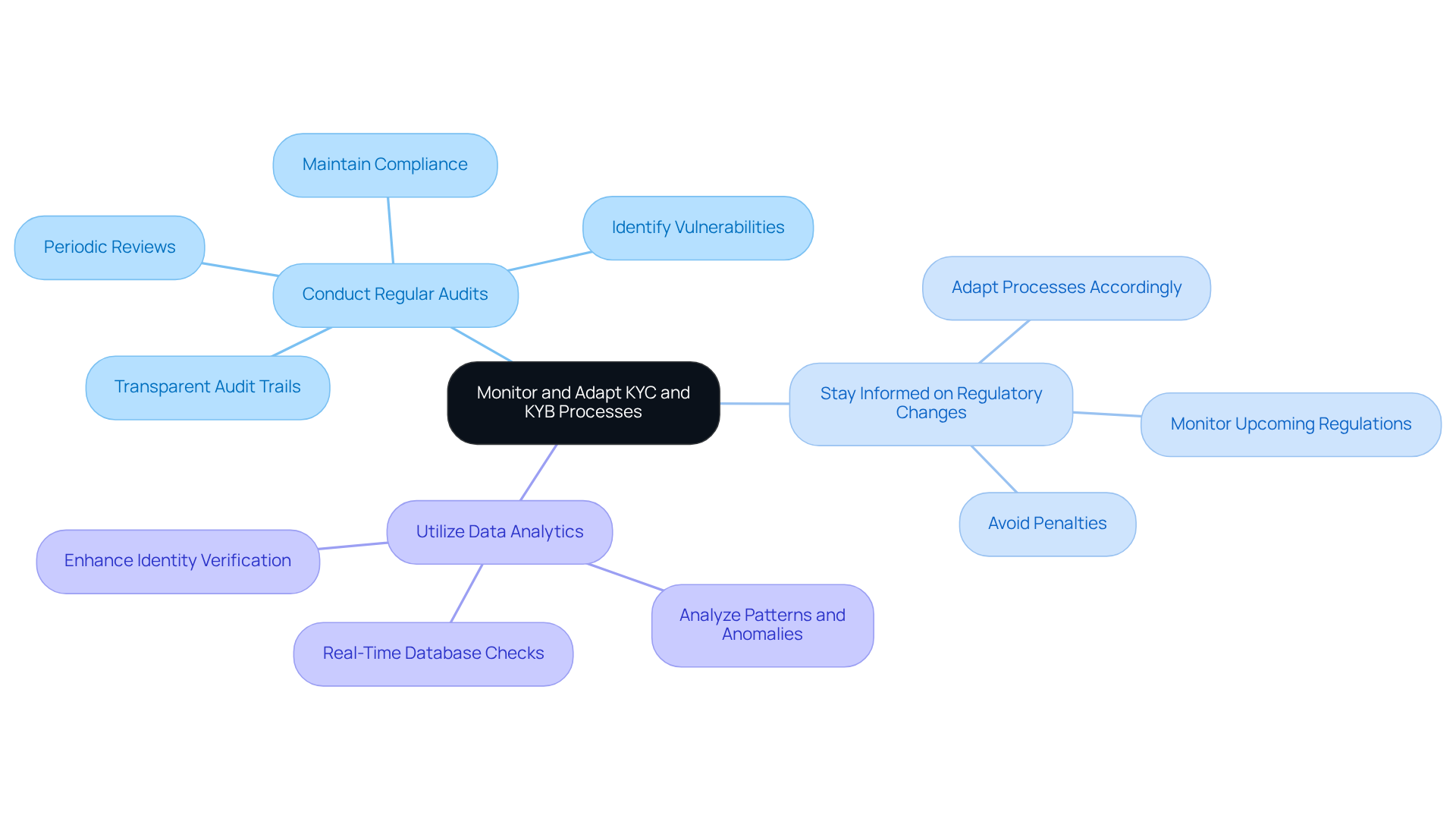 The central node represents the main focus of monitoring and adapting KYC and KYB processes. Each branch shows a key practice, and the sub-branches provide further details on actions to take. Follow the branches to understand how each practice contributes to reducing fraud risk.