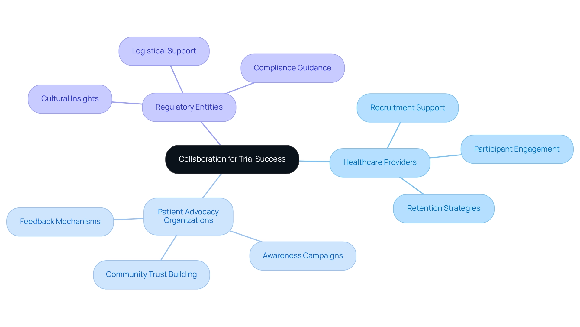 The central node represents the overarching theme, while branches represent different stakeholder groups, each contributing uniquely to trial success.