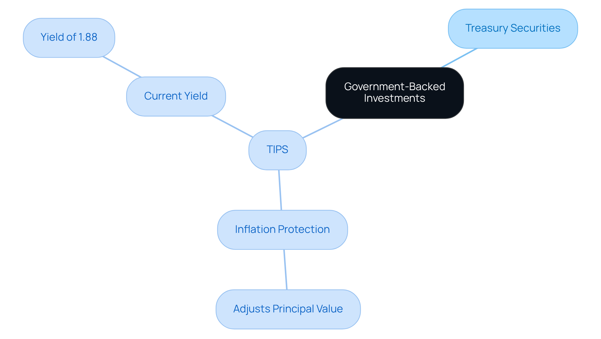 The central node represents government-backed investments, with branches showing the specific types and their features. Follow the branches to understand how TIPS provide safety and inflation protection.