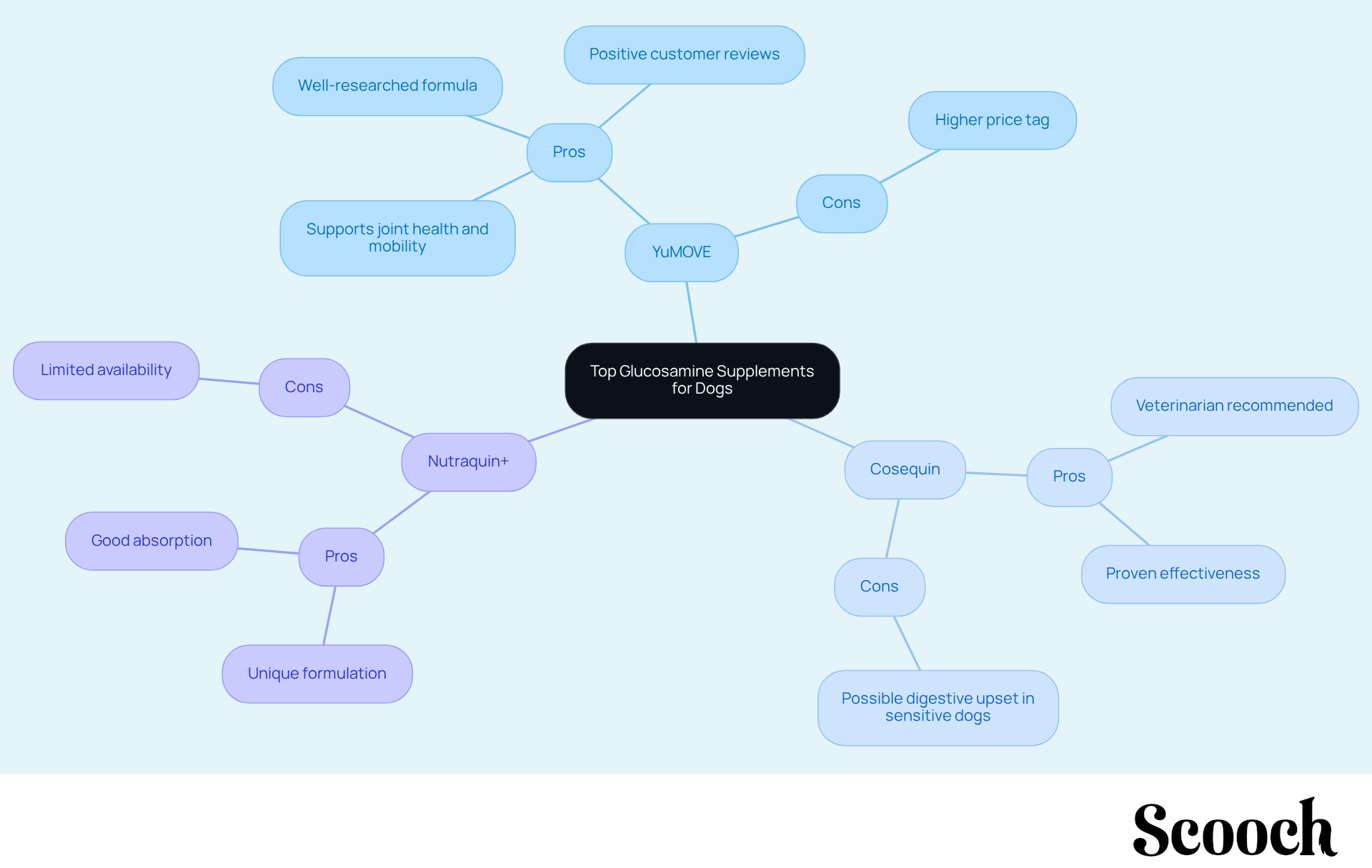 In this mindmap, the central idea is the glucosamine supplements. Each branch represents a different supplement, with pros and cons listed underneath. This helps you quickly compare the options and make an informed choice for your dog's joint health. In this mindmap, the central idea is the glucosamine supplements. Each branch represents a different supplement, with pros and cons listed underneath. This helps you quickly compare the options and make an informed choice for your dog's joint health.