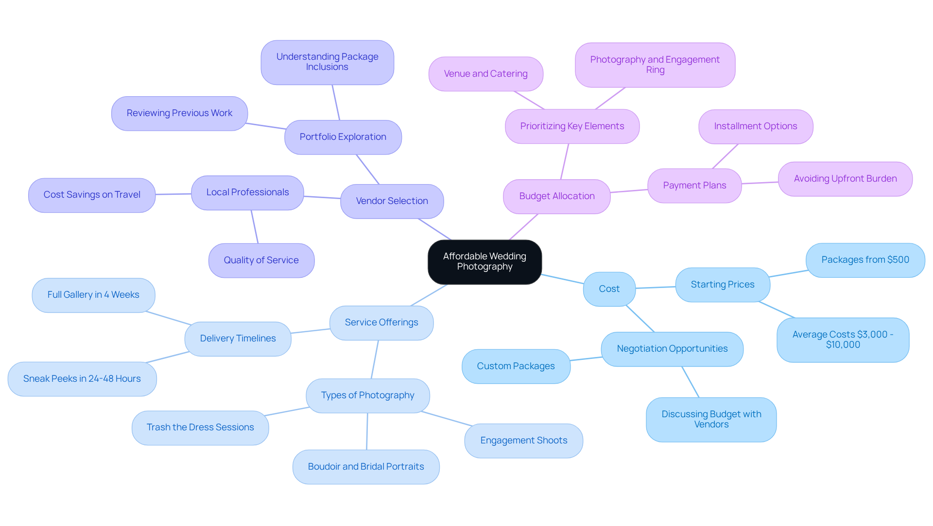 At the center is the main topic of affordable wedding photography. Each branch represents a different consideration, leading you to specific details that help couples make informed decisions while planning their wedding. At the center is the main topic of affordable wedding photography. Each branch represents a different consideration, leading you to specific details that help couples make informed decisions while planning their wedding.