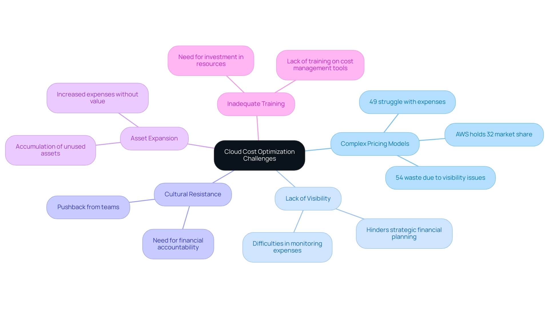 Each branch represents a key challenge in cloud cost optimization, with color coding to differentiate each challenge and its related components.