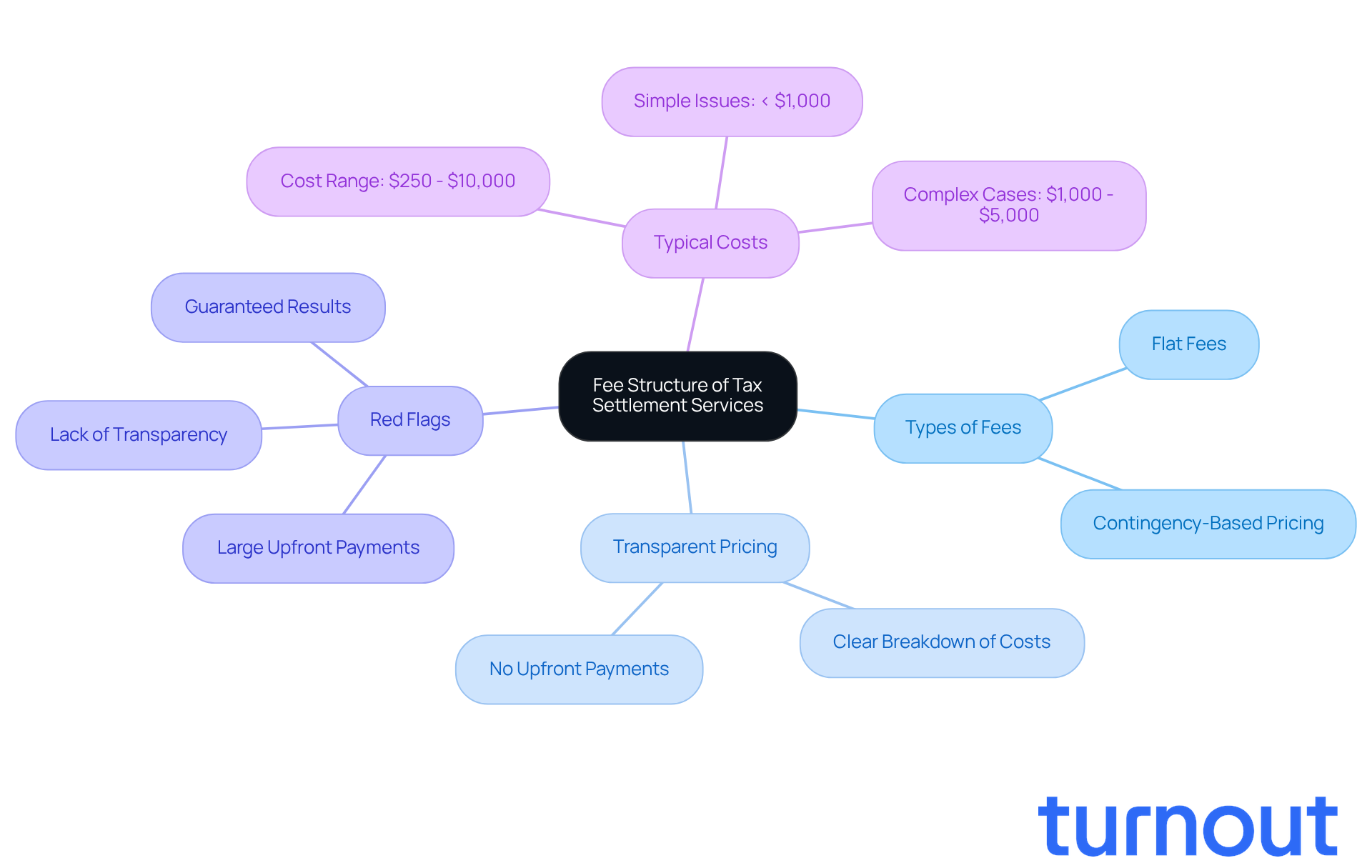 The center shows the main topic, and the branches represent different aspects of the fee structure. Each branch helps you understand what to look for and what to avoid when choosing a tax settlement service.
