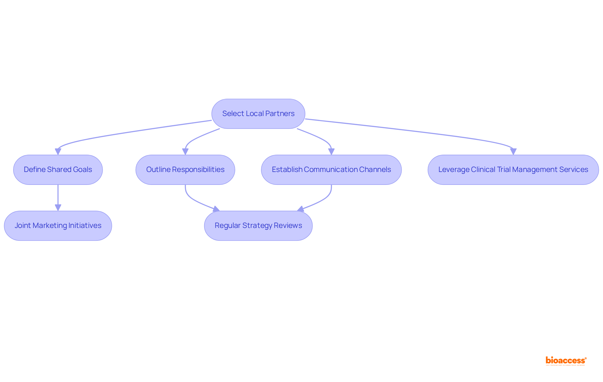 This flowchart outlines the steps to develop effective partnerships. Each box represents a key action in the strategy, connected by arrows to show how they relate and flow into one another.