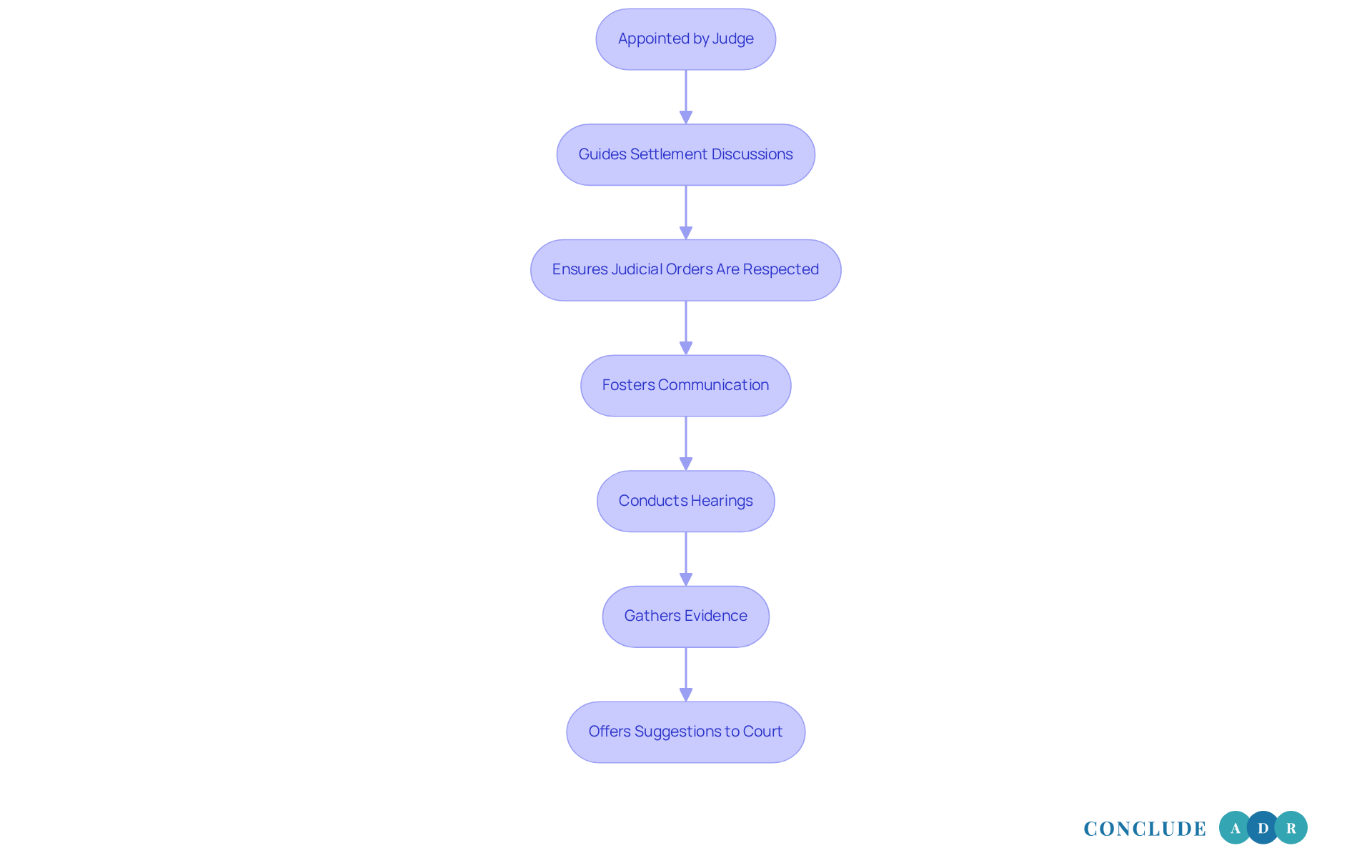 Follow the flow from the appointment of the special master down through their various responsibilities to see how they facilitate the settlement process.