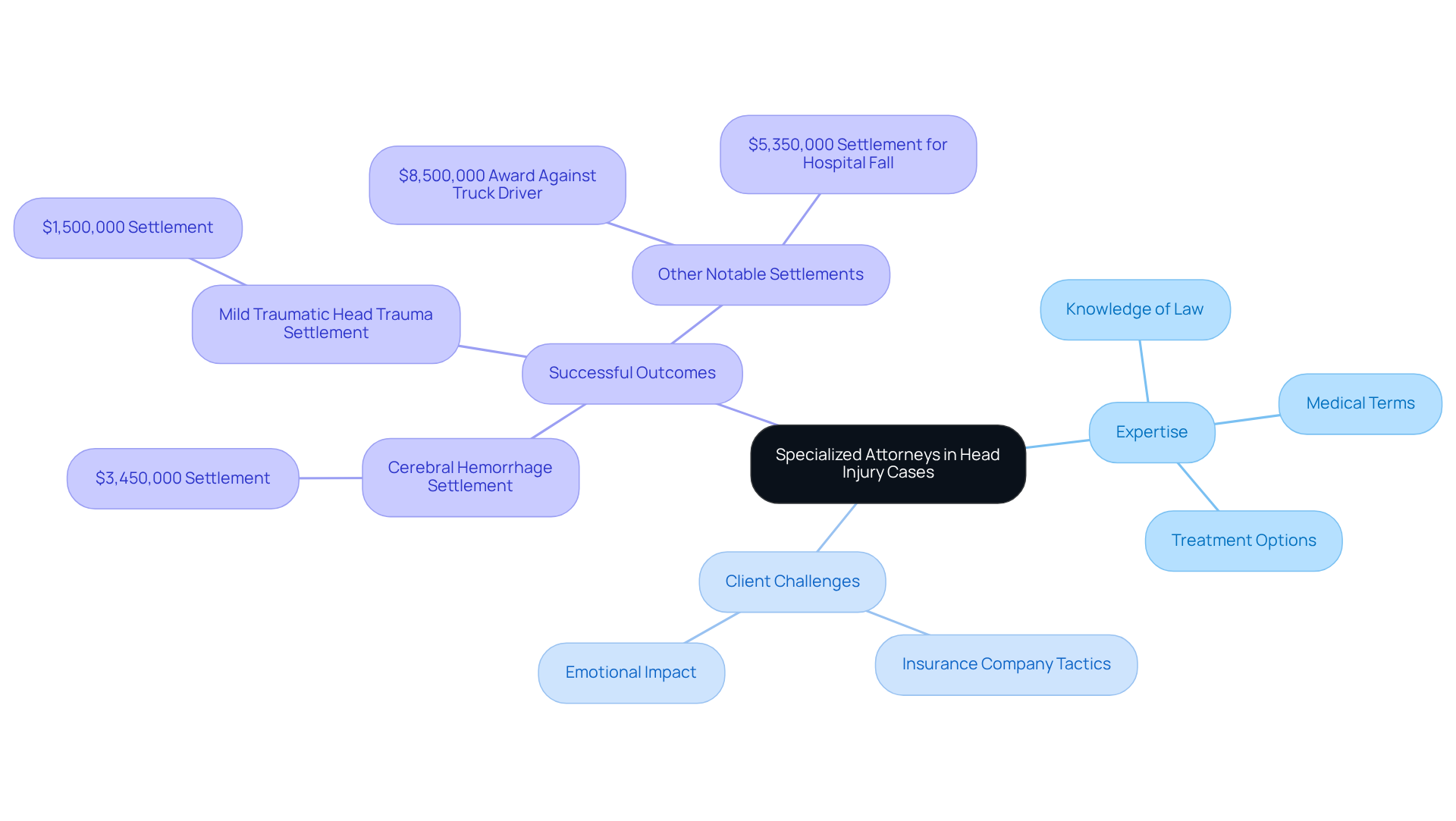 This mindmap illustrates how specialized attorneys help clients navigate head injury cases. Start at the center with their expertise, then explore the challenges clients face and the successful outcomes achieved through their advocacy.