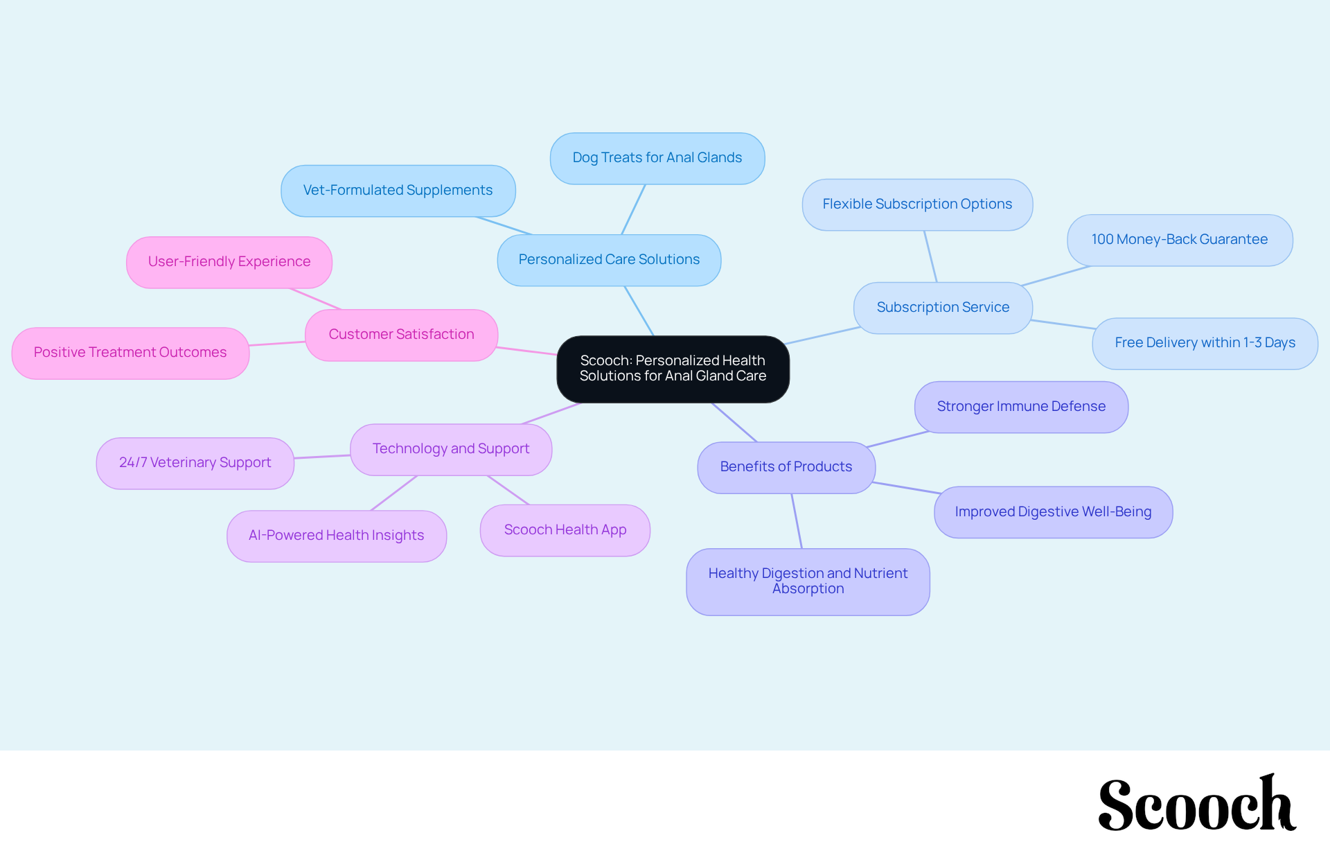 The center represents Scooch's main focus on anal gland care, with branches showing different aspects of their service. Each branch highlights important features and benefits, making it easy to understand how Scooch supports dog owners. The center represents Scooch's main focus on anal gland care, with branches showing different aspects of their service. Each branch highlights important features and benefits, making it easy to understand how Scooch supports dog owners.