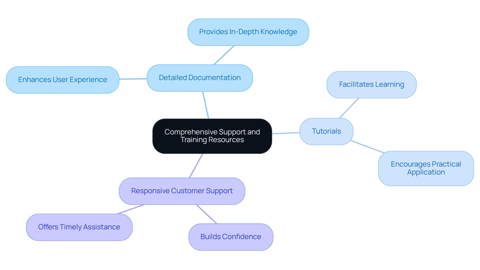 The central node represents the main theme, while the branches show the different types of support available. Each sub-branch illustrates how these resources contribute to user empowerment and improved AI development.