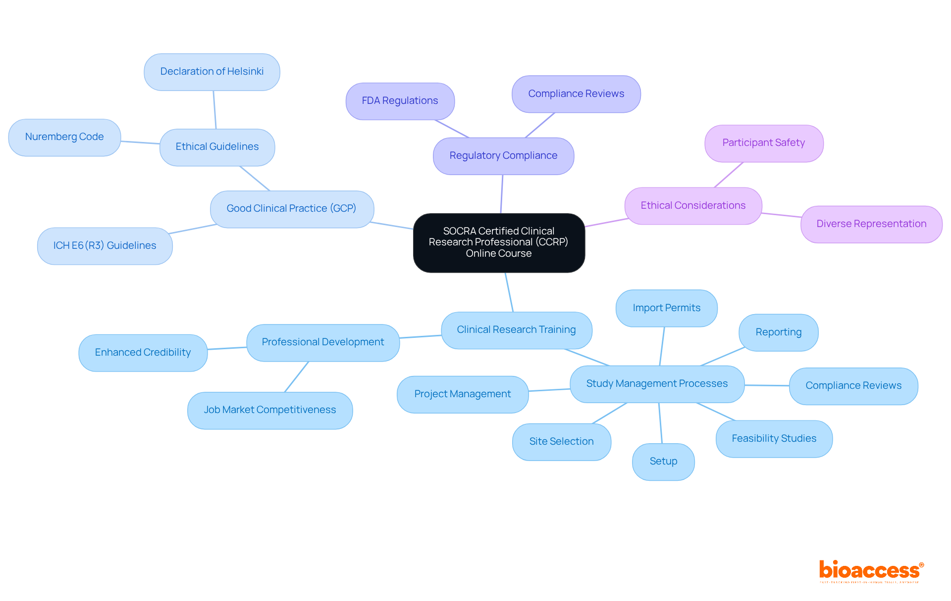 The mindmap starts at the center with the CCRP Course, branching out into key areas of study and training. Each branch represents a vital topic in clinical research, helping you understand how they all connect and contribute to professional development.