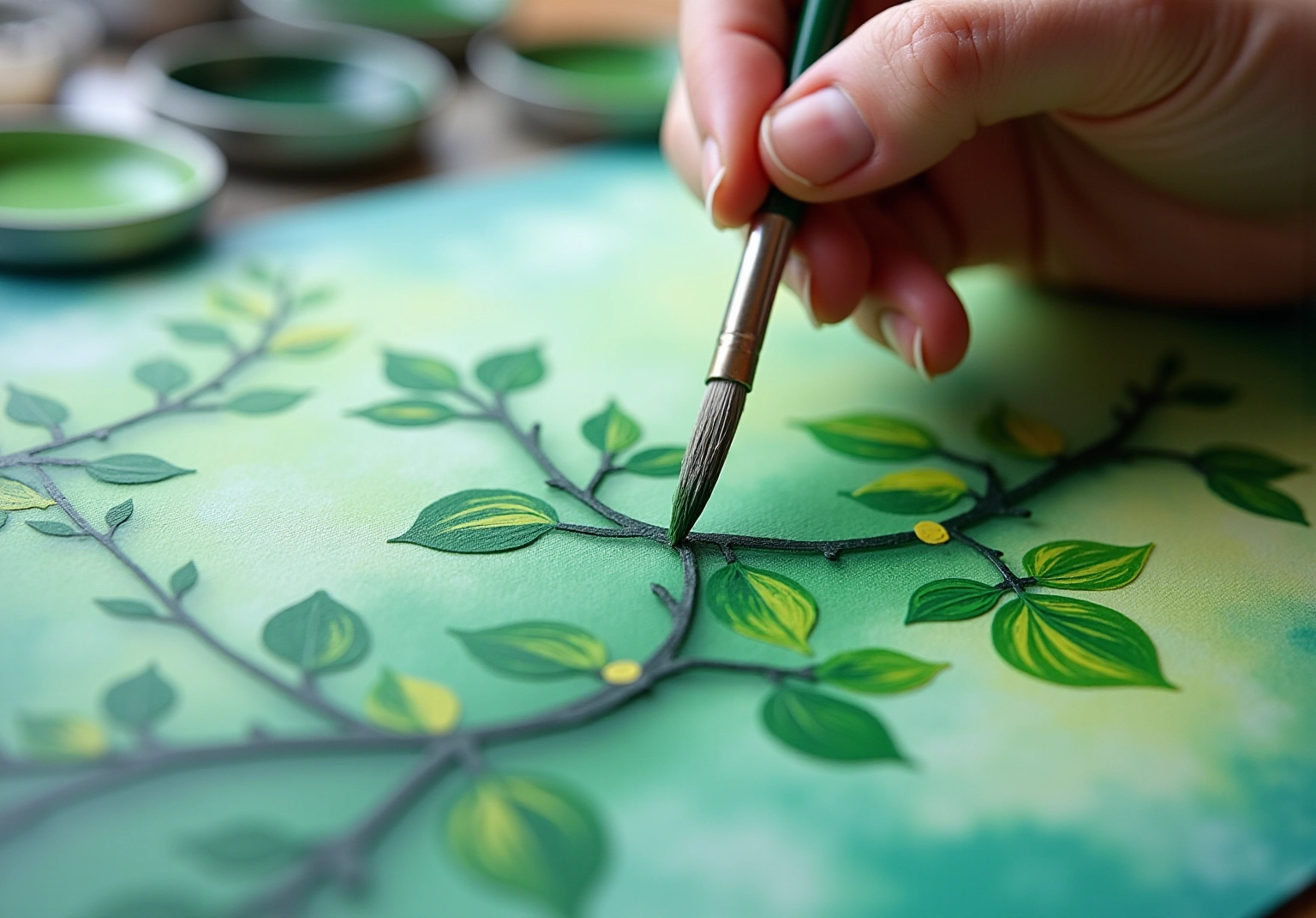 Painting Elegant Vines in an Artistic Workspace