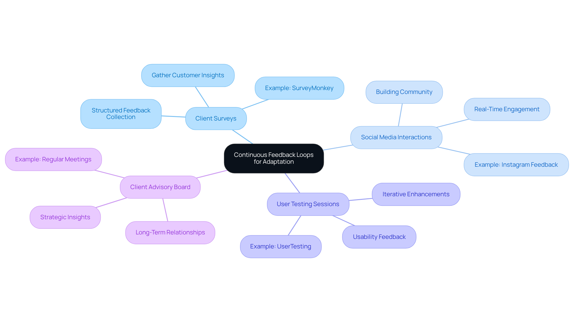 This mindmap illustrates how different feedback methods connect to the central theme of adapting to customer needs. Each branch represents a method, and the sub-branches highlight their specific contributions and examples. Follow the branches to see how they all work together to improve product quality and customer relationships.