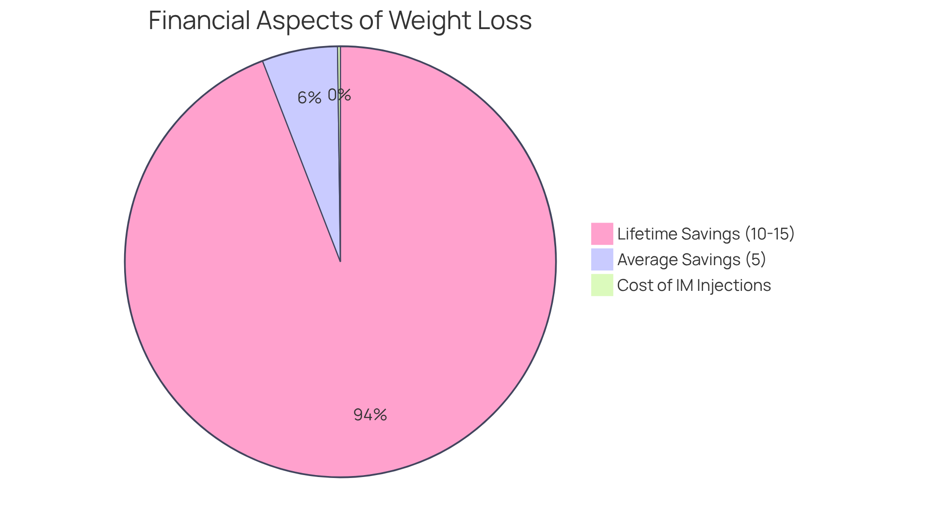 Each segment of the pie shows a different financial aspect of weight loss solutions. The larger the segment, the more significant the financial impact - from the cost of injections to the potential savings from weight loss. Each segment of the pie shows a different financial aspect of weight loss solutions. The larger the segment, the more significant the financial impact - from the cost of injections to the potential savings from weight loss.