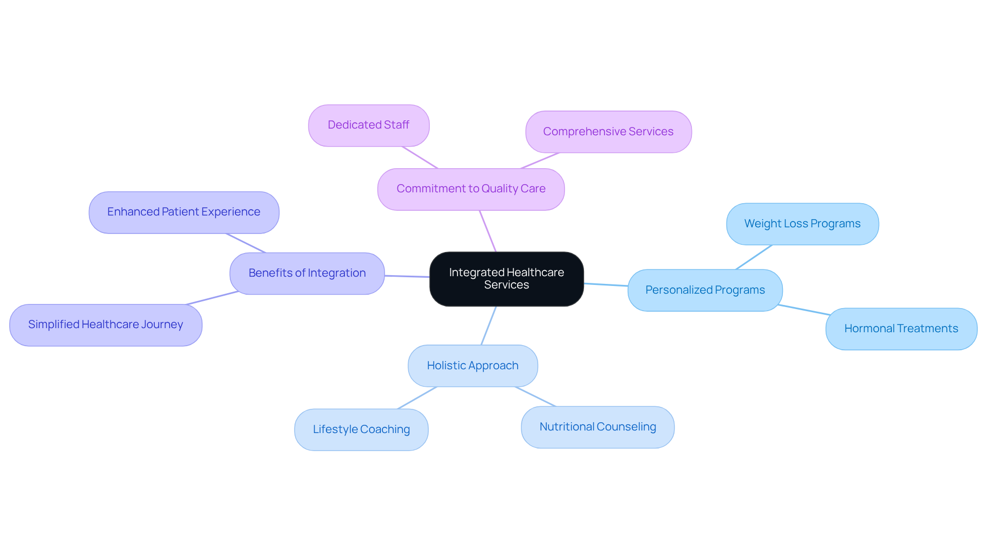 The central node represents the main theme of integrated healthcare, while the branches show different aspects and services that contribute to a smoother healthcare journey.