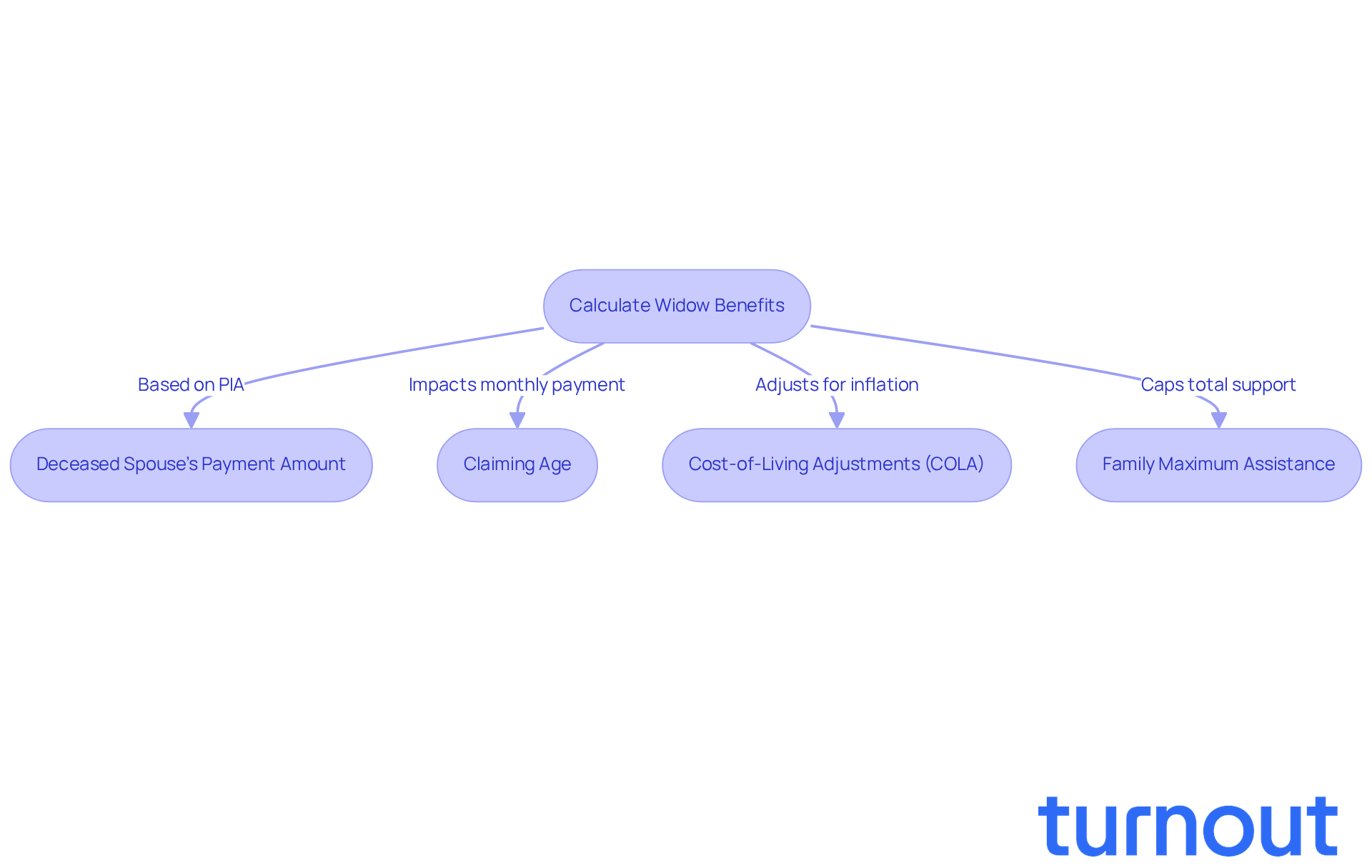 Follow the arrows to see how each factor influences the amount of social security payments you may receive as a widow. Each box represents a key consideration in the calculation process.