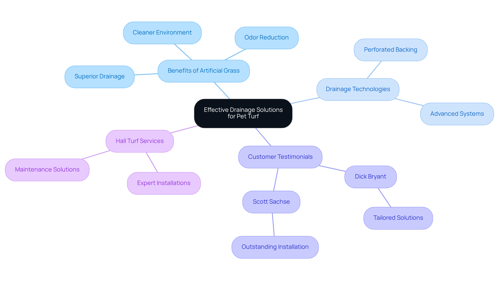 This mindmap starts with the main topic in the center and branches out to show related ideas. Each branch represents a different aspect of drainage solutions for pet turf, making it easy to see how they connect and support the overall theme.