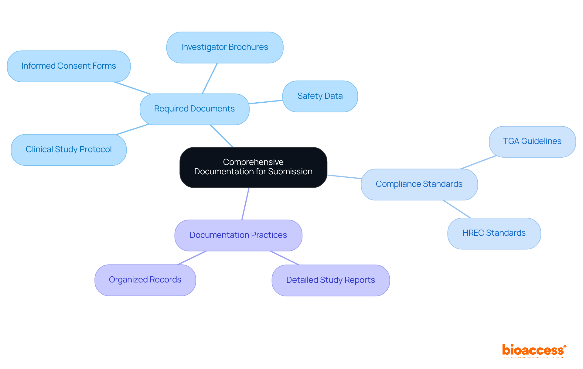The central node represents the main topic of documentation, while the branches show the required documents, compliance standards, and best practices. Each sub-branch provides specific details, helping you understand the comprehensive nature of the submission process.