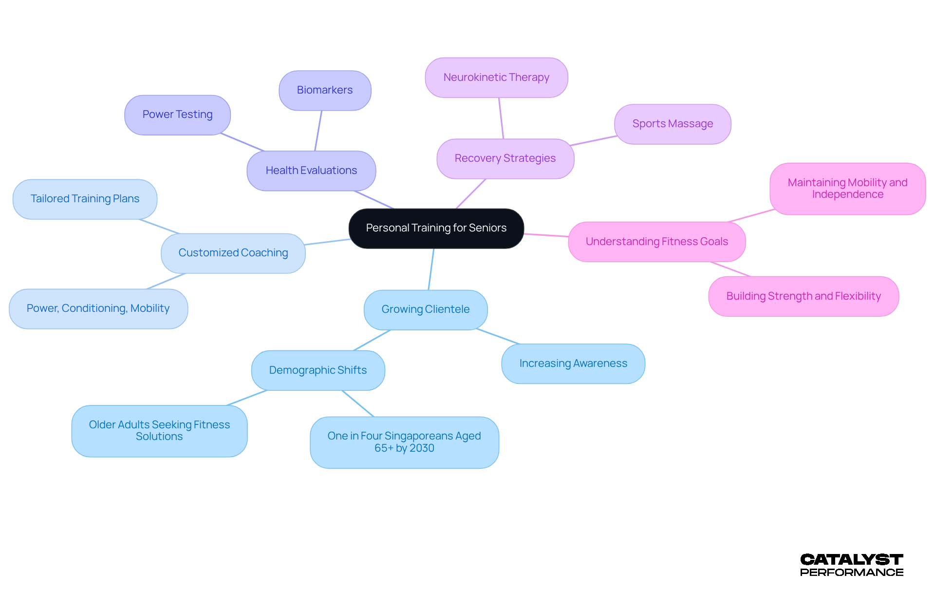 Start at the center with the main theme of personal training for seniors, then explore the branches that represent different aspects of this growing market. Each branch shows how trainers can cater to the unique needs of older adults. Start at the center with the main theme of personal training for seniors, then explore the branches that represent different aspects of this growing market. Each branch shows how trainers can cater to the unique needs of older adults.