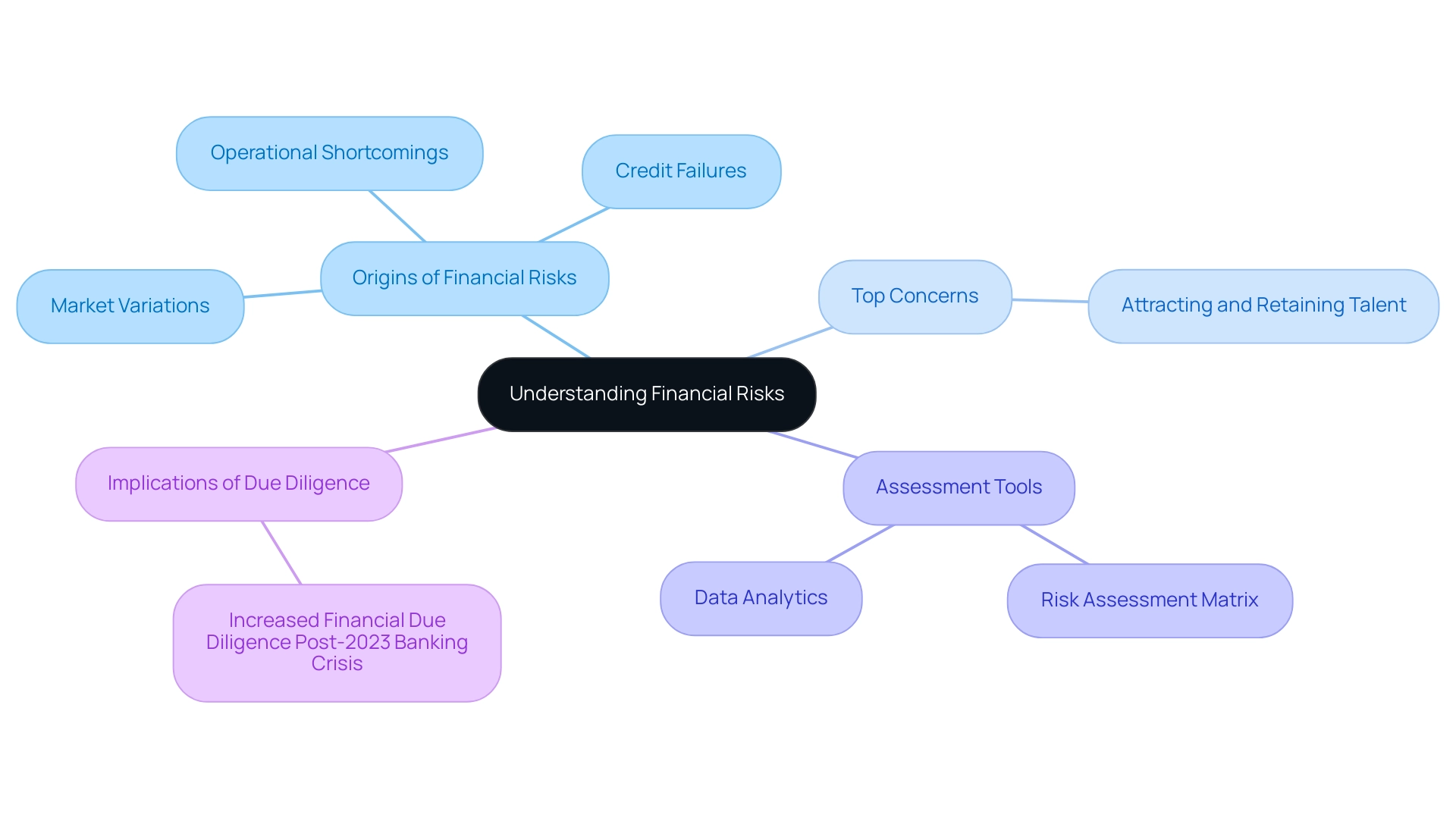 The central node represents the overall theme, with branches showing different categories of financial risks, concerns, assessment tools, and implications.