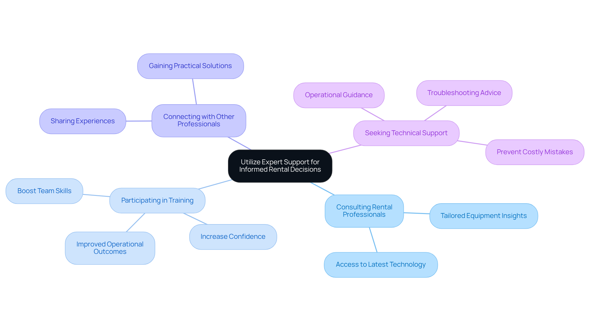 The central idea is about using expert support. Each branch represents a strategy that can help project managers make better rental decisions. Follow the branches to explore how each strategy contributes to successful project outcomes.