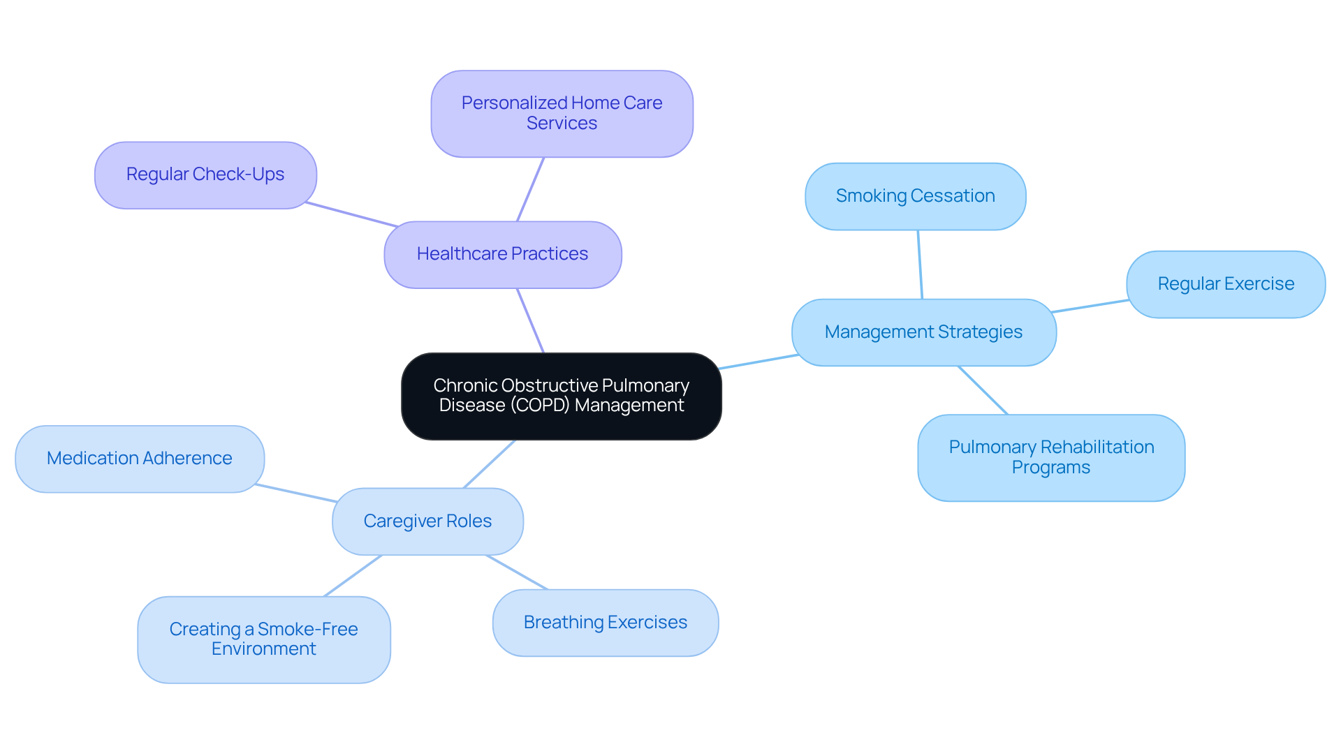 Follow the branches from the main topic of COPD to explore different strategies and roles involved in managing this condition. Each section highlights important aspects that contribute to better health and quality of life for seniors. Follow the branches from the main topic of COPD to explore different strategies and roles involved in managing this condition. Each section highlights important aspects that contribute to better health and quality of life for seniors.