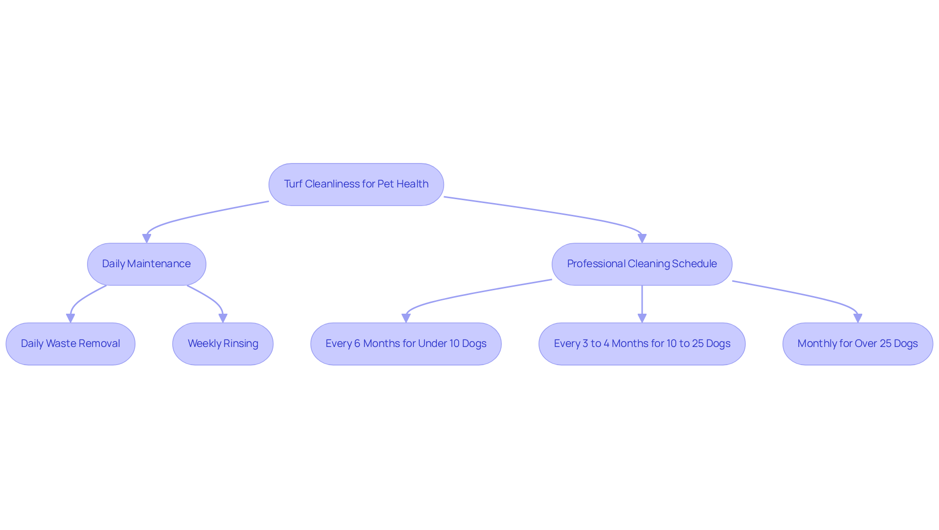 This flowchart outlines the steps to keep your turf clean and safe for pets. Follow the daily maintenance tasks and refer to the professional cleaning schedule based on the number of dogs you have. Each box represents an action you should take to ensure a healthy environment for your pets.