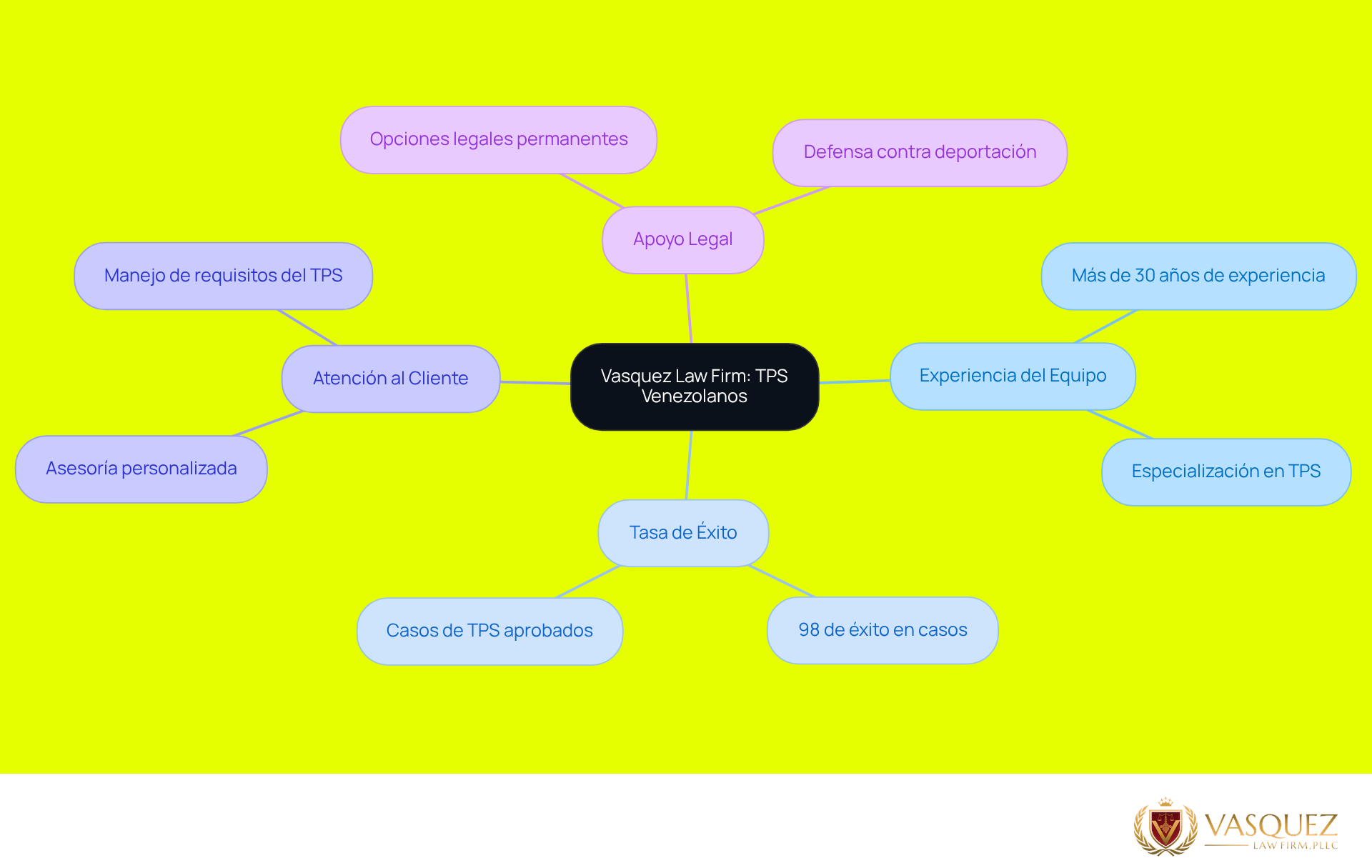El nodo central representa la firma, y las ramas muestran los diferentes aspectos de su servicio. Cada rama principal se puede explorar para entender mejor cómo ayudan a los titulares de TPS.