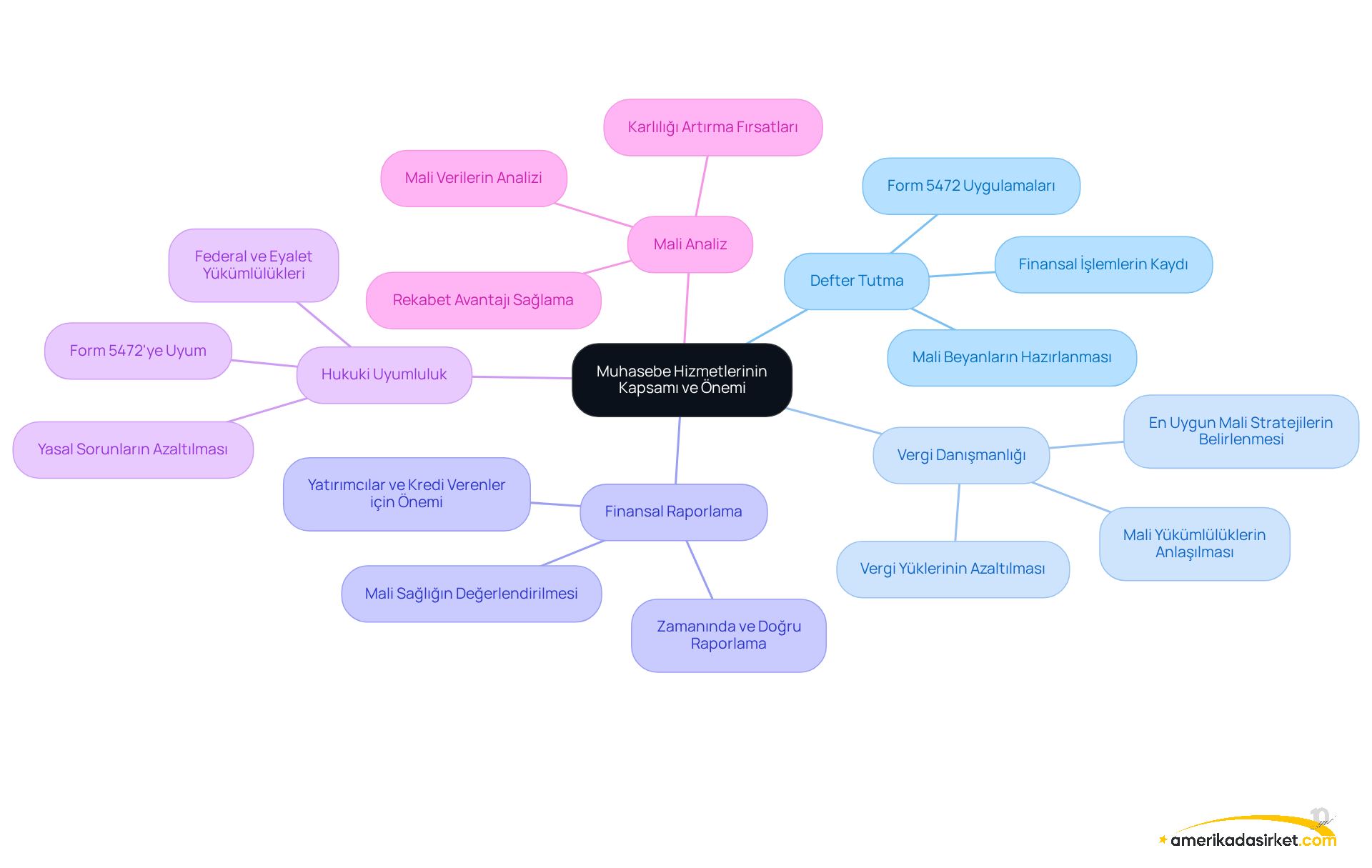 Merkezdeki başlık, tüm muhasebe hizmetlerini kapsıyor. Dallar, her bir hizmetin ne olduğunu ve neden önemli olduğunu gösteriyor. Renkler, her hizmetin farklılığını vurgulamak için kullanılıyor.