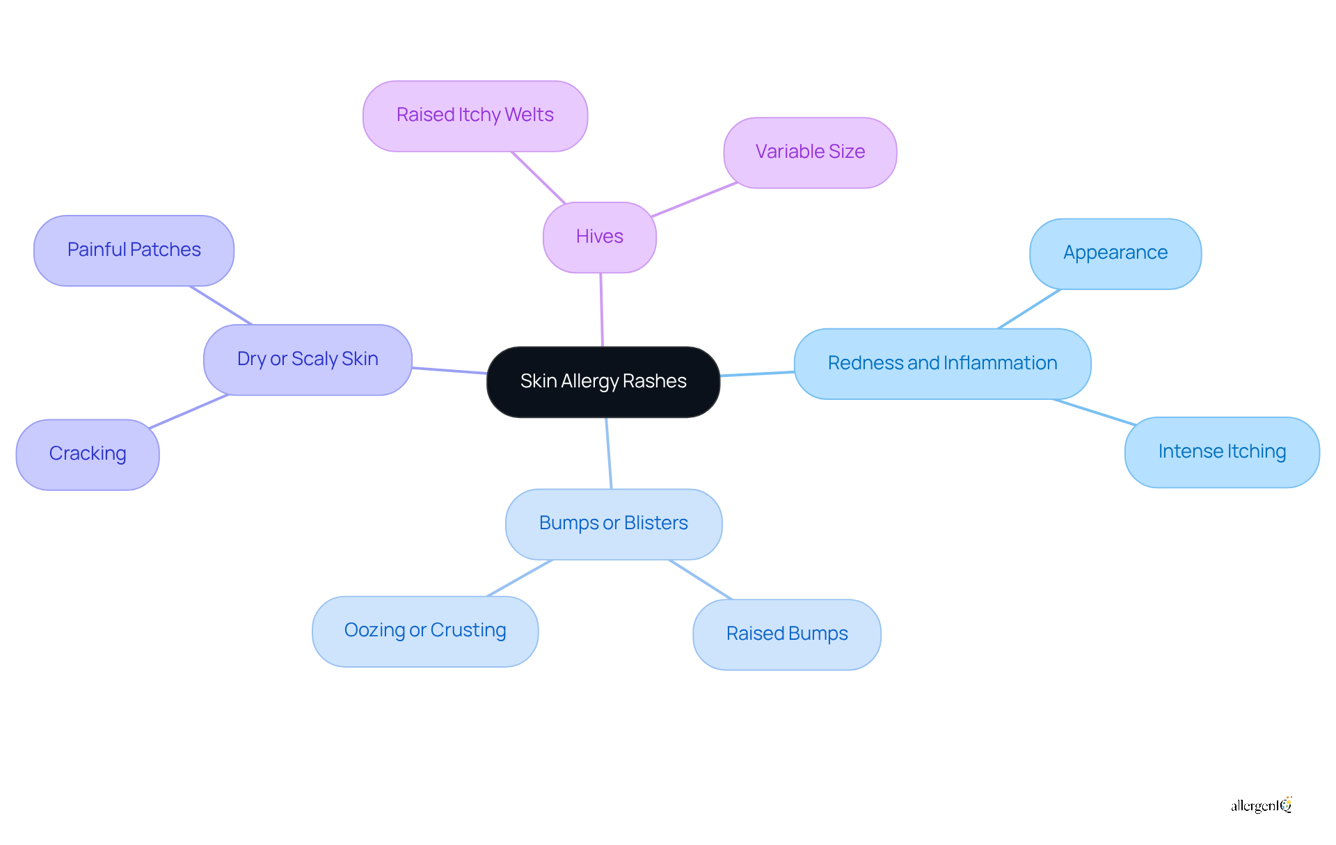 The central node represents skin allergy rashes, and each branch shows a common symptom. Follow the branches to learn more about each symptom and its characteristics.