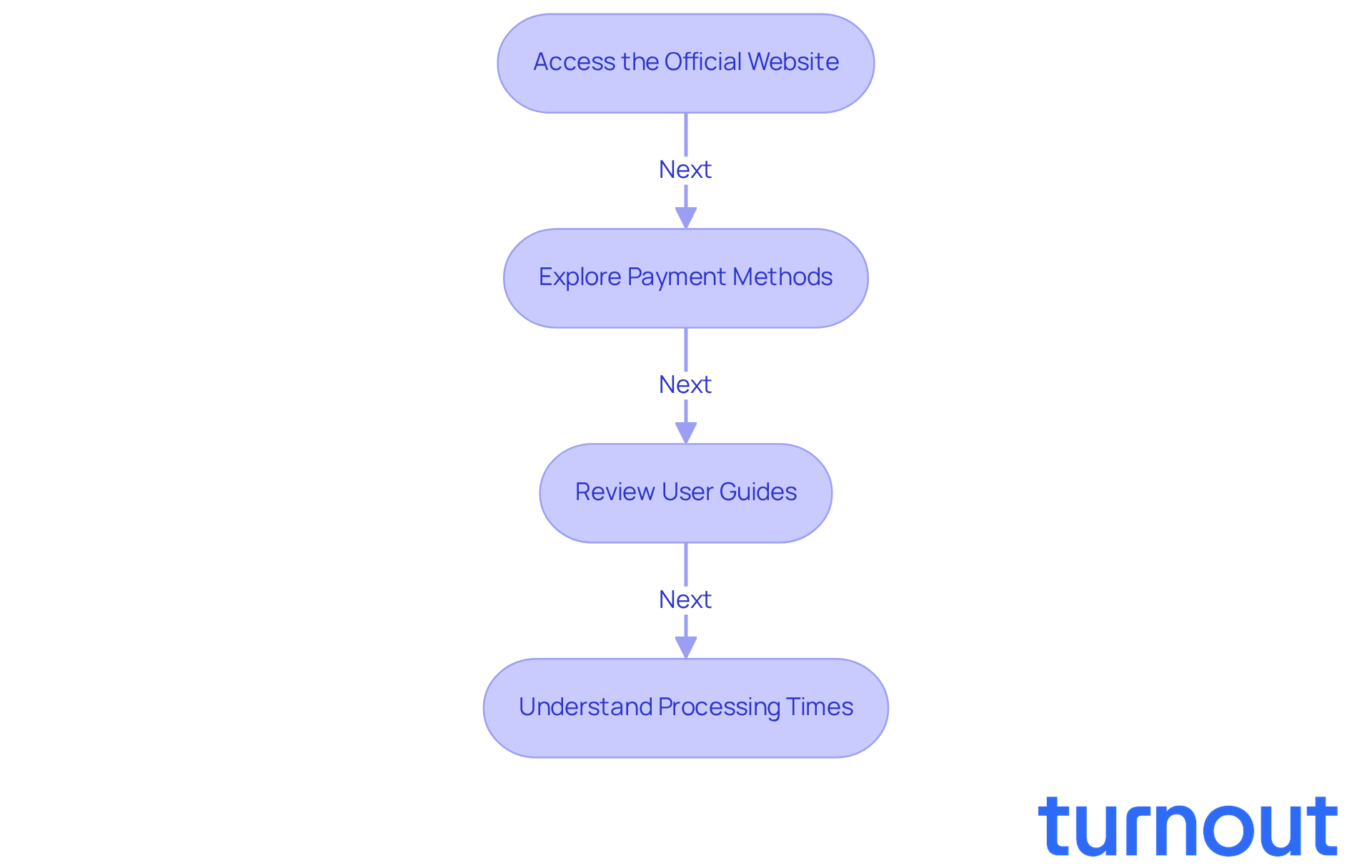 Each box represents a step in the process. Follow the arrows to see the order in which you should complete each action to successfully navigate the payment system.