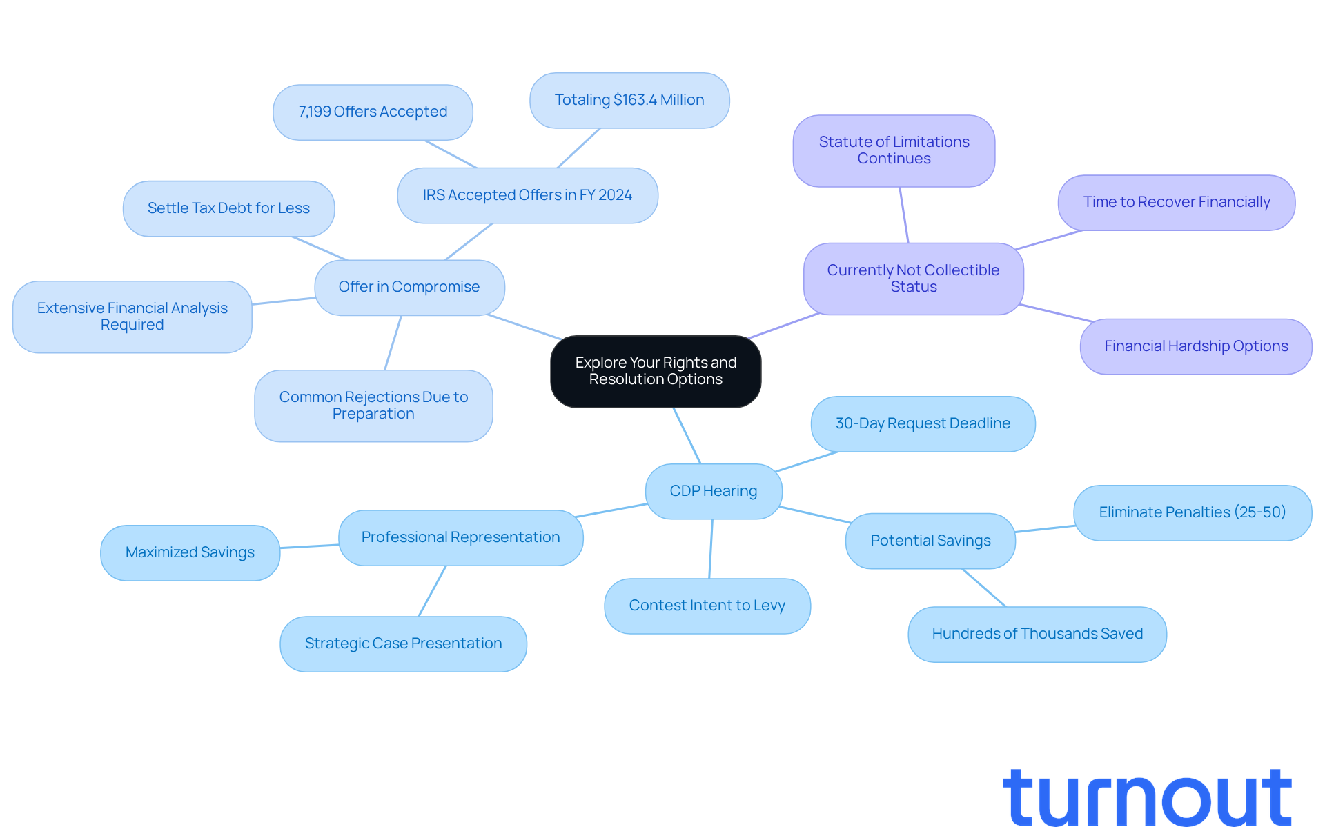 The central node represents your rights and options. Each branch shows a specific option you can take, with further details on what that option entails and how it can help you.